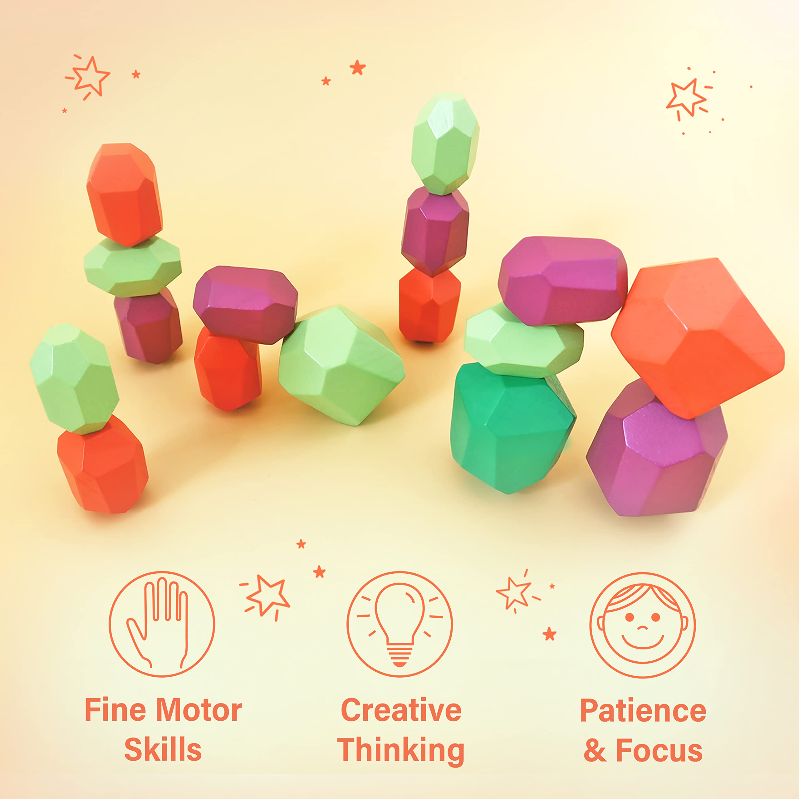 Open Road House Stacking Rocks - Stacking Stones - 16 pc Wooden Stacking Rocks for Kids - Sorting & Stacking Toys - Balancing Stones - Wooden Stacking Stones - Rock Blocks Kids (Orange Green Purple)