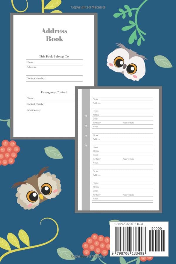 Owl Address Book: Small Floral Address Book With Birthdays And Anniversaries, Alphabetical Organizer for Women
