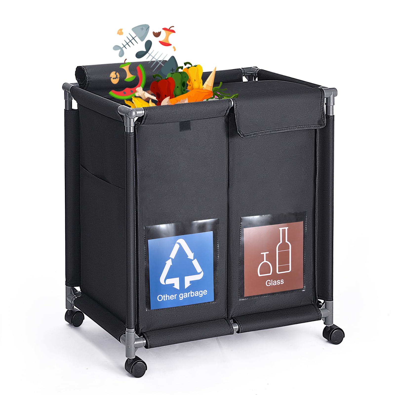 Generic 110L Large Recycling Bin with Lid,Recyclable Waste Trash Sorting Organizer for Kitchen with 2 Display Pockets
