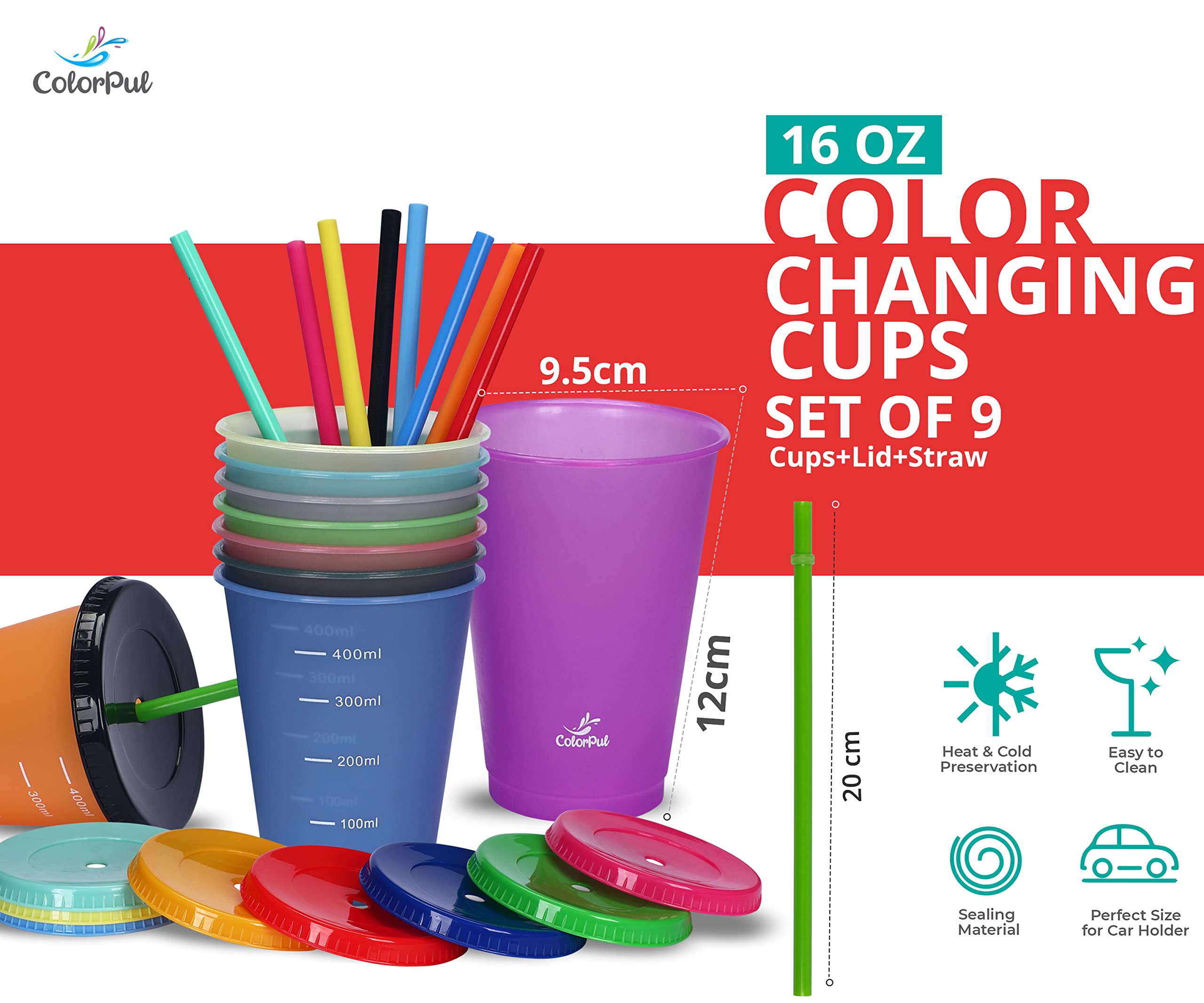 COLORPUL Kids Cups with Straws and Lids- 9 Packs 16 oz- Color Changing Cups - Thick Reusable Insulated Plastic Cups with Straws for Coffee, Smoothie Cups