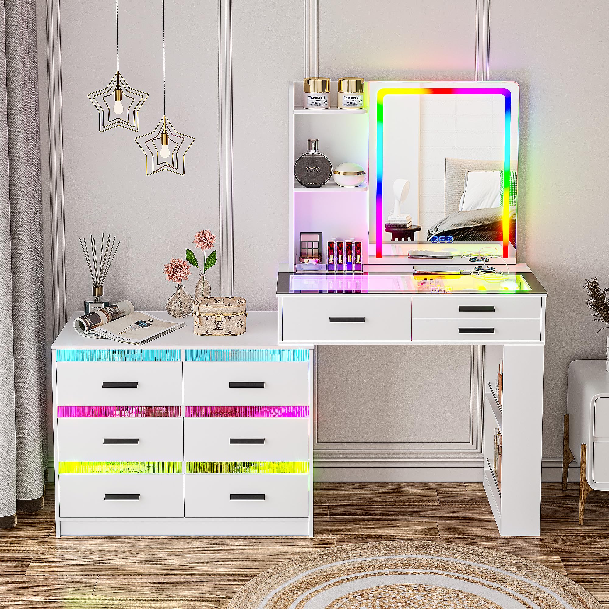 WOOVIVS Vanity Desk with Lights and Sliding Vanity Mirror, Makeup Vanity Desk with Charging Station, Vanities Dressing Table with Stool, LED Vanity Set with Large Drawers&Shelves for Bedroom, Grey
