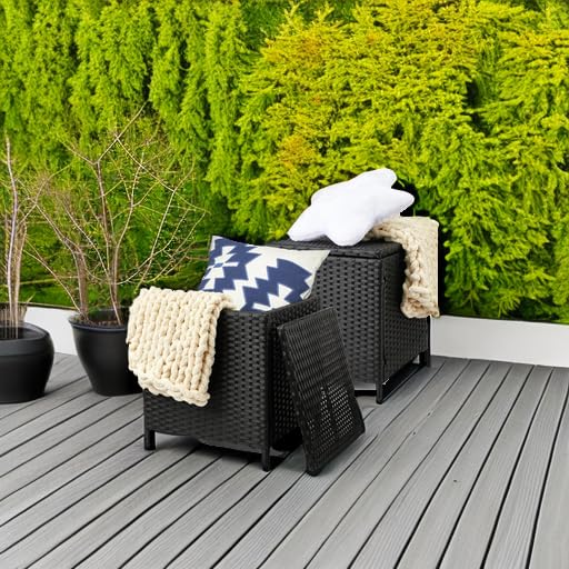 DoubleFill 2 Pcs Wicker Side Table with Storage PE Rattan Wicker Ottoman Small Patio Outdoor Storage Box 11.8 Gallon Square Outdoor Foot Stool Footrest Footstool for Porch, 15.75 x 15.75 x 17.72