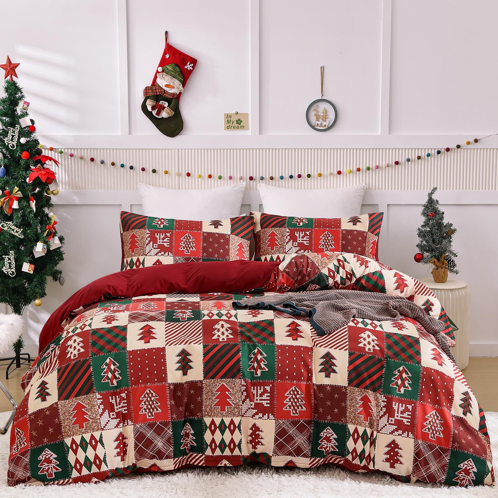Dintszyayue Christmas Duvet Cover Set Queen Size,3 Pieces Patchwork Plaid Bedding Set Red and Green Christmas Tree Printed Duvet Soft Microfiber Duvet Comforter Covers with Zipper Closure