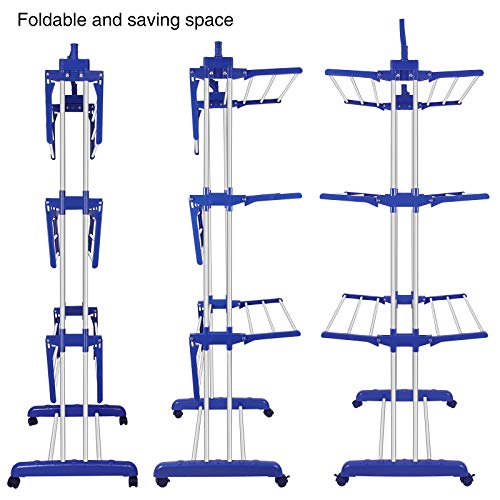 innotic Clothes Drying Rack, Stainless Steel Oversized 4-Tier Collapsible Rolling Drying Rack Clothing Folding Laundry Drying Rack Stand Indoor/Outdoor with Side Wings and Casters Gray Blue