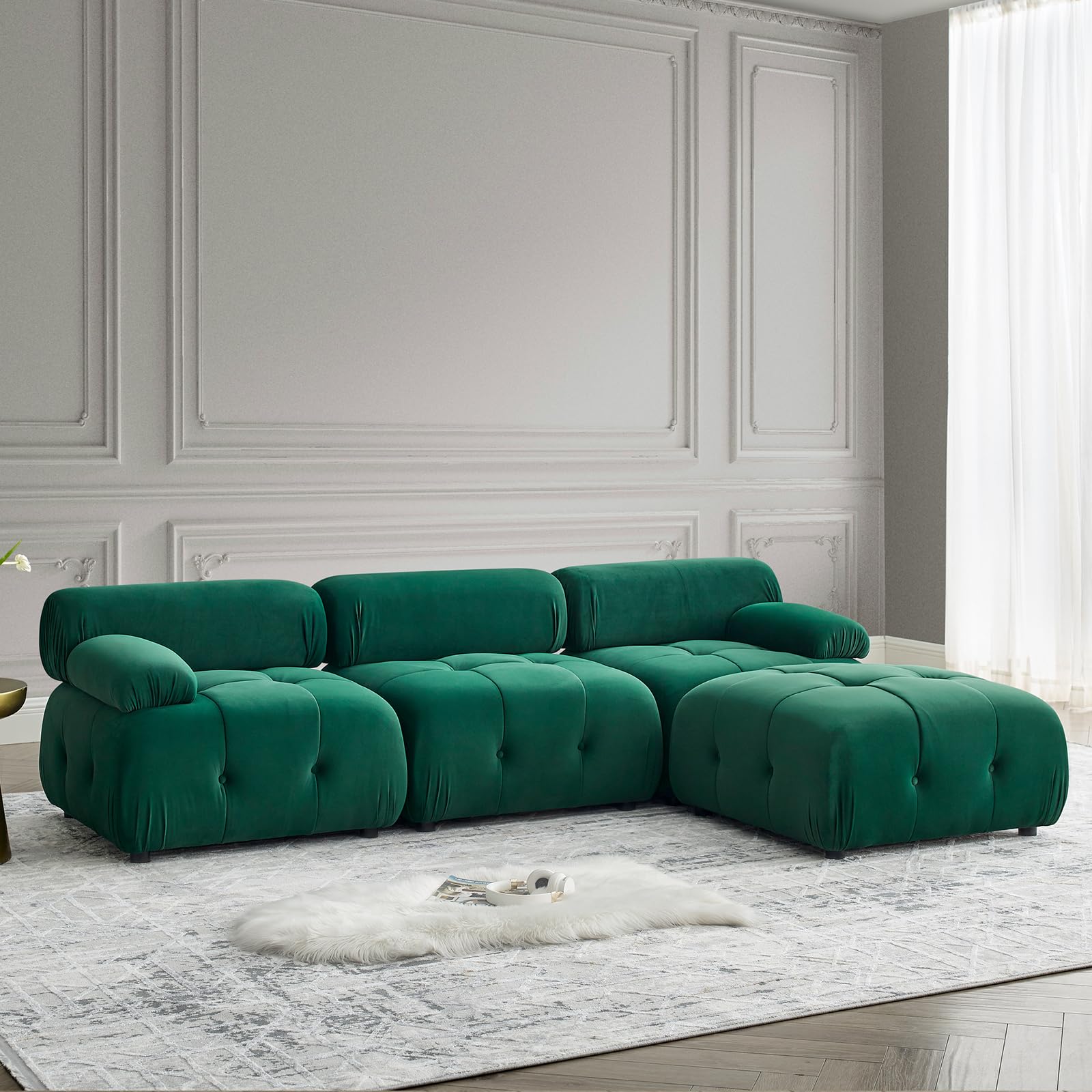 Modular Sectional Sofa, Living Room Couch Button Tufted Designed Cloud Sofa DIY Combination, L Shaped Couch with Reversible Ottoman, Beige Velvet