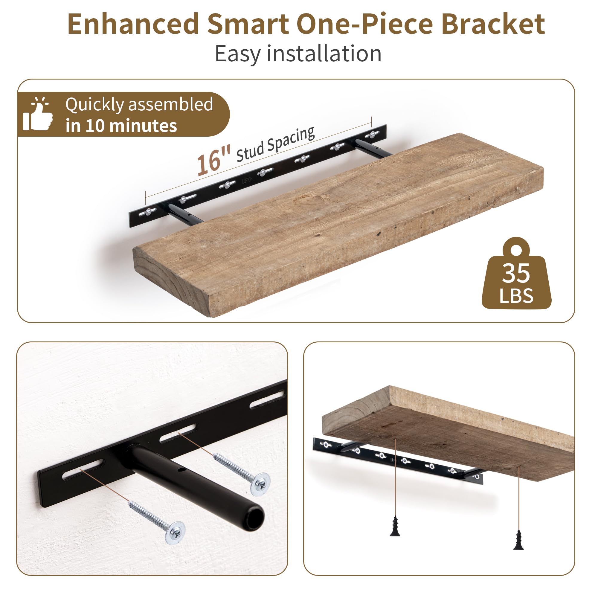FLYJOE Floating Shelves | 8" Deep Rustic Reclaimed Barnwood Wall Hanging Shelves with Invisible Heavy-Duty Metal Bracket | Wall Mounted | Farmhouse Style | 36 inches, 2 PCs, Distressed Grey