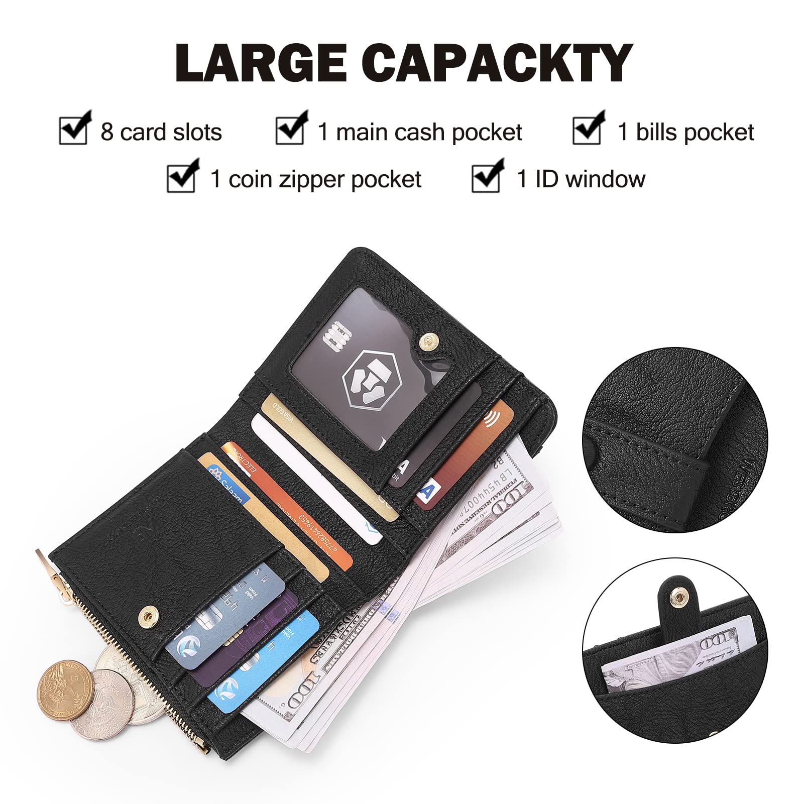WESTBRONCO Small Wallets for Women Slim Bifold Credit Card Holder Vegan Leather Compact Card Case with Photo Slot Black
