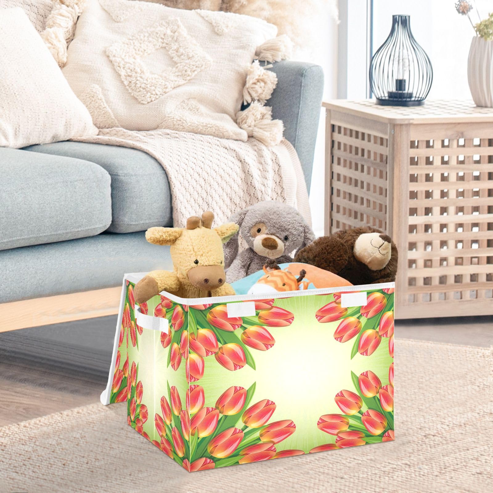 senya Large Collapsible Storage Bins with Lids, Spring Tulip Flowers Storage Baskets Organizer Containers with Handles for Nursery Clothes Toys