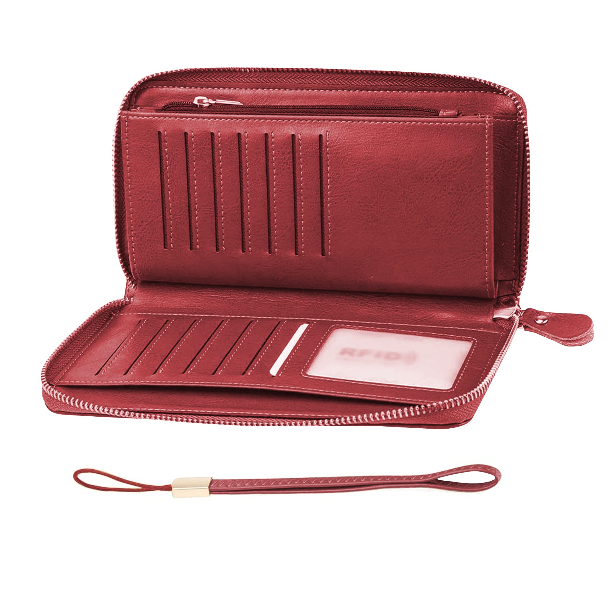 ORIREAL Wallets for Women RFID Blocking Leather Clutch Purse Zip Around Card Holder (Red), 8.07L x 4.13W x 0.98T