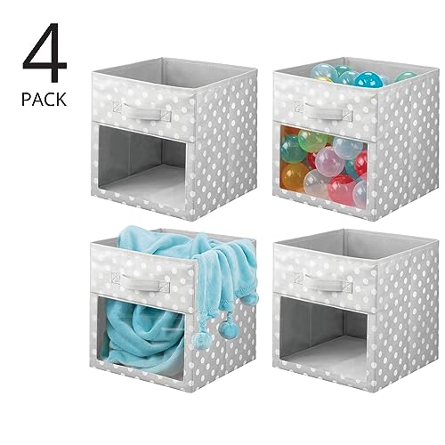 mDesign Fabric Nursery/Playroom Closet Storage Organizer Bin Box, Front Handle/Window for Cube Furniture Shelving Unit, Hold Toys, Clothes, Diapers, Bibs, 4 Pack, Gray/White Polka Dot