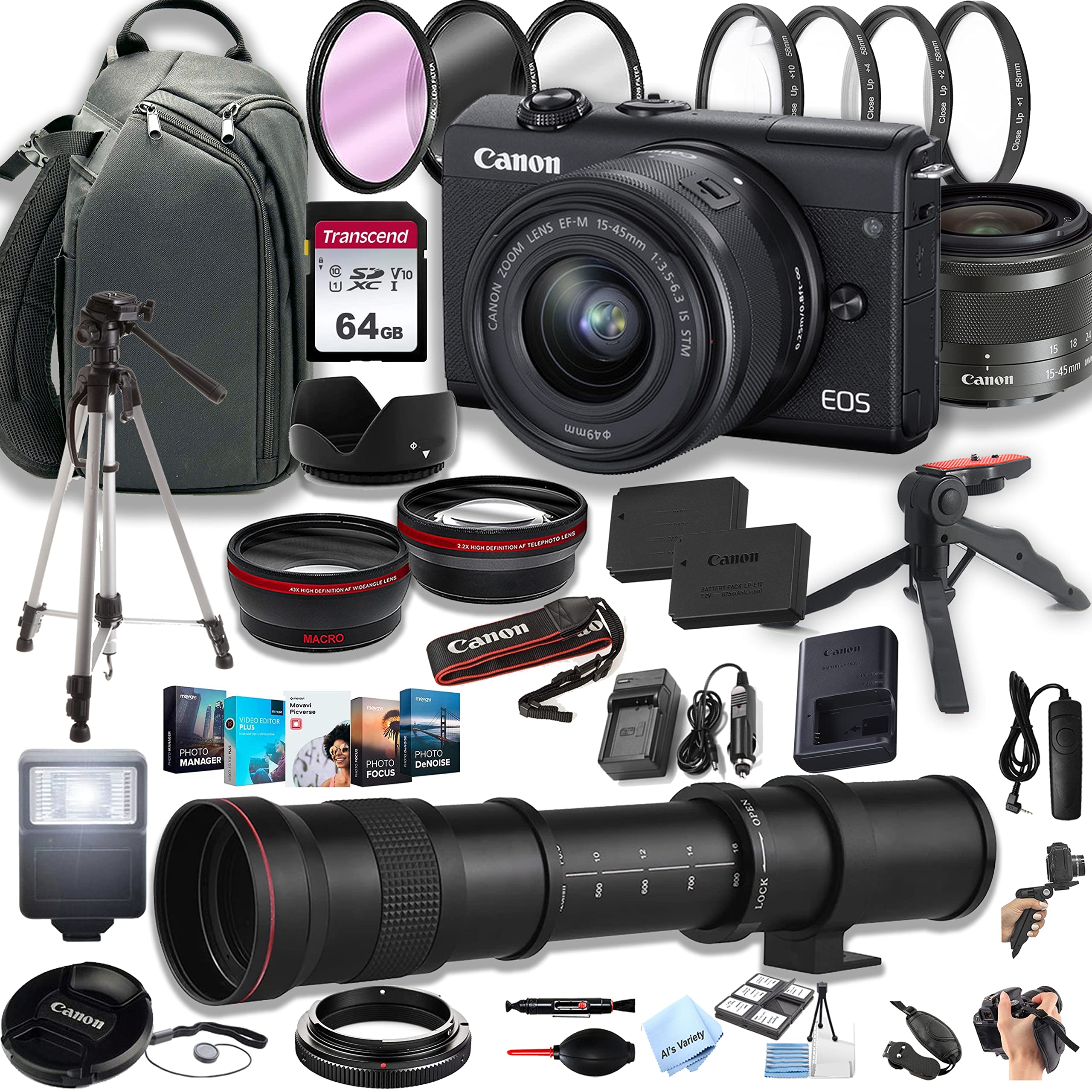Canon EOS M200 Mirrorless Digital Camera with EF-M 15-45mm f/3.5-6.3 is STM Lens+ 420-800mm Super Telephoto Lens + 64GB Memory Card, Professional Photo Bundle (42pc Bundle)
