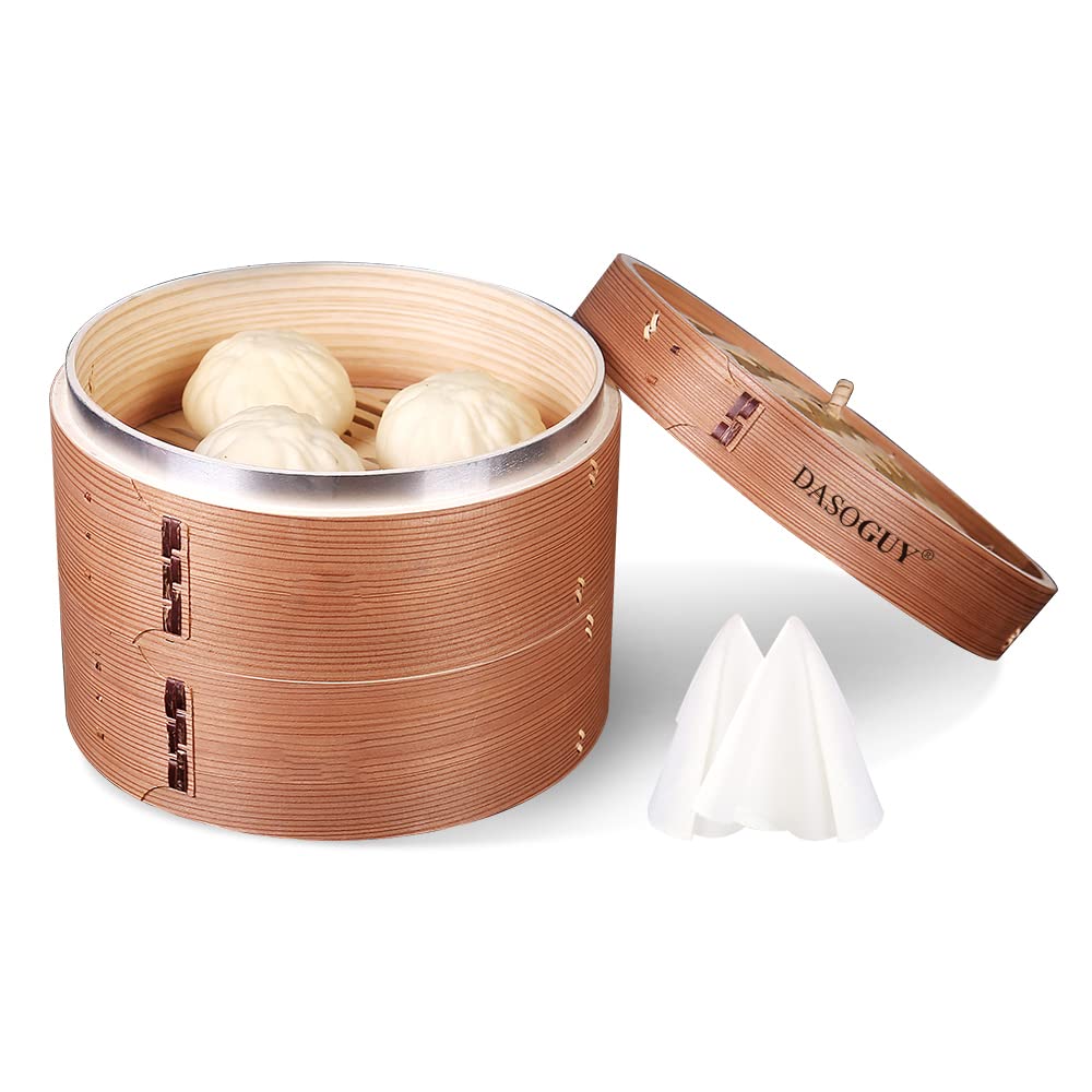 Dasoguy Deepen 10.2 Inch Handmade Wood Steamer with Stainless Steel Rings, 2 Tiers Steam Basket for Dumpling Dim Sum Bun Rice Chinese Food, Present 2 Cotton Liners