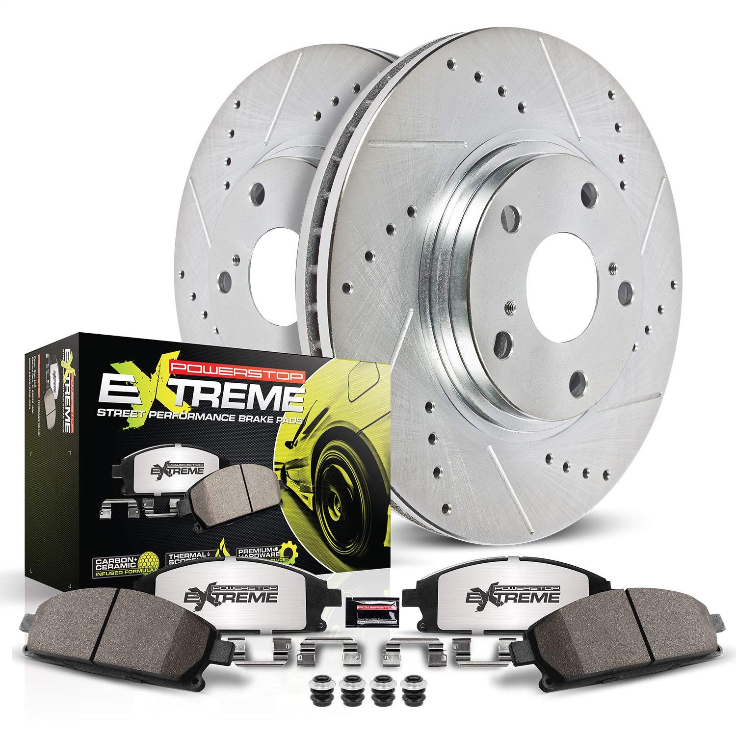 Power Stop K8404-26 Front Z26 Carbon Fiber Brake Pads with Drilled & Slotted Brake Rotors Kit For Subaru Legacy 2015 [Model Specific]