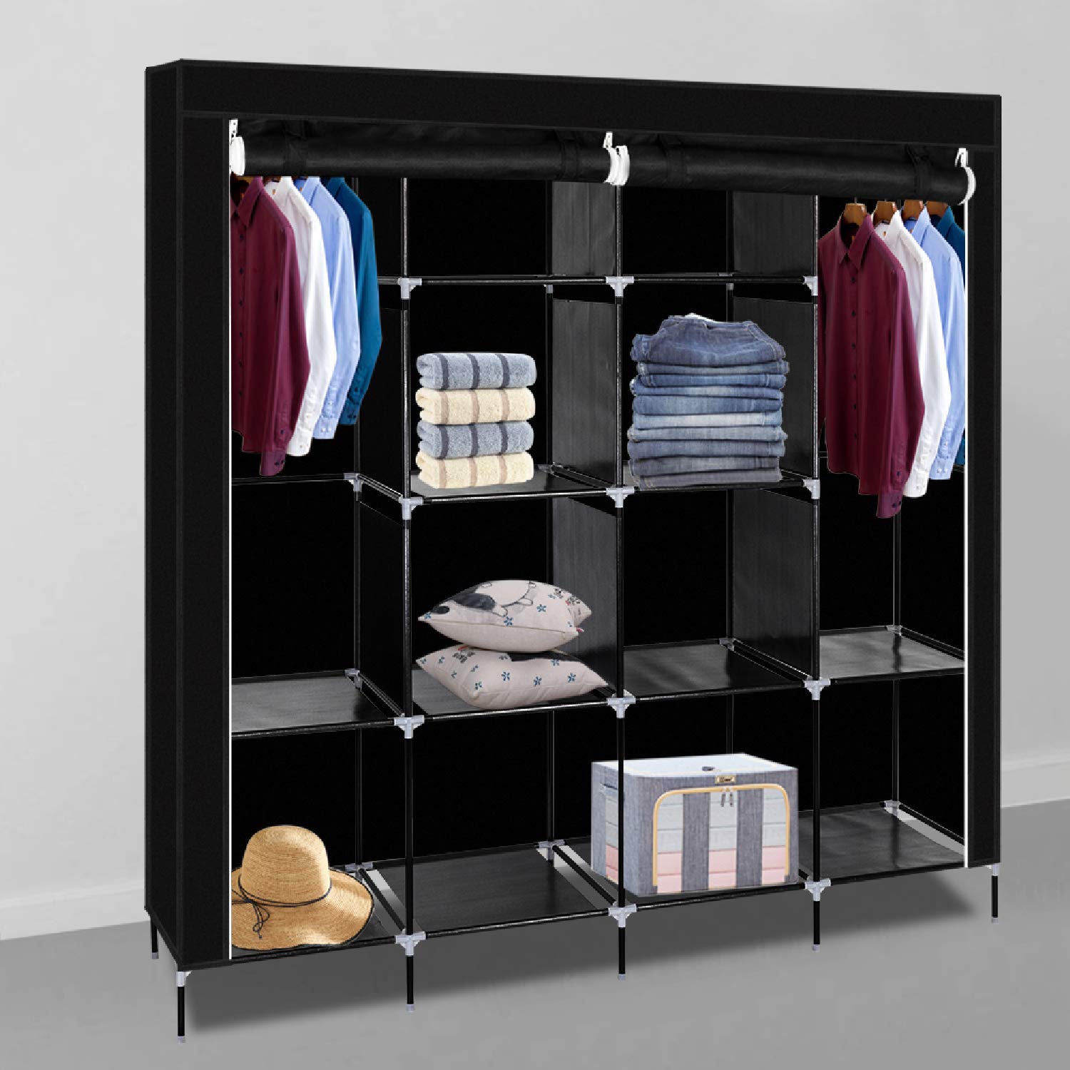 SECRET DESK 67" Wardrobe Closet for Hanging Clothes - Stand Up Closet, Pop Up Closet, Easy Lift Closet Box, Wardrobe Oversized Storage Basket, Wardrobe Closet with Drawers, Portable Wardrobe (Black)