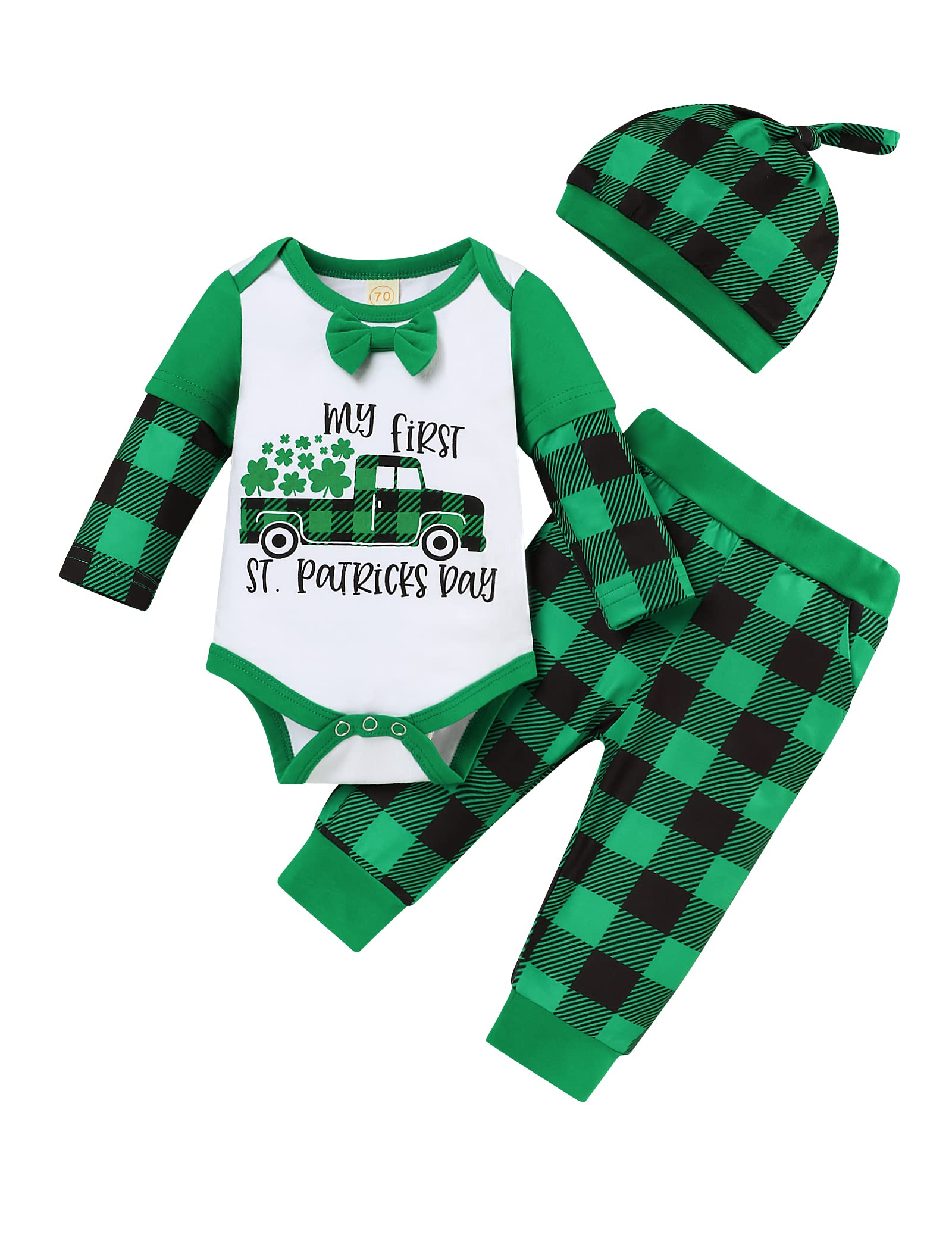 Esobrerie My First St. Patrick’s Day Outfits Newborn Baby Boy Shamrocks Bow Tie Romper Plaid Pants with Hat St.Patrick's Day Clothes