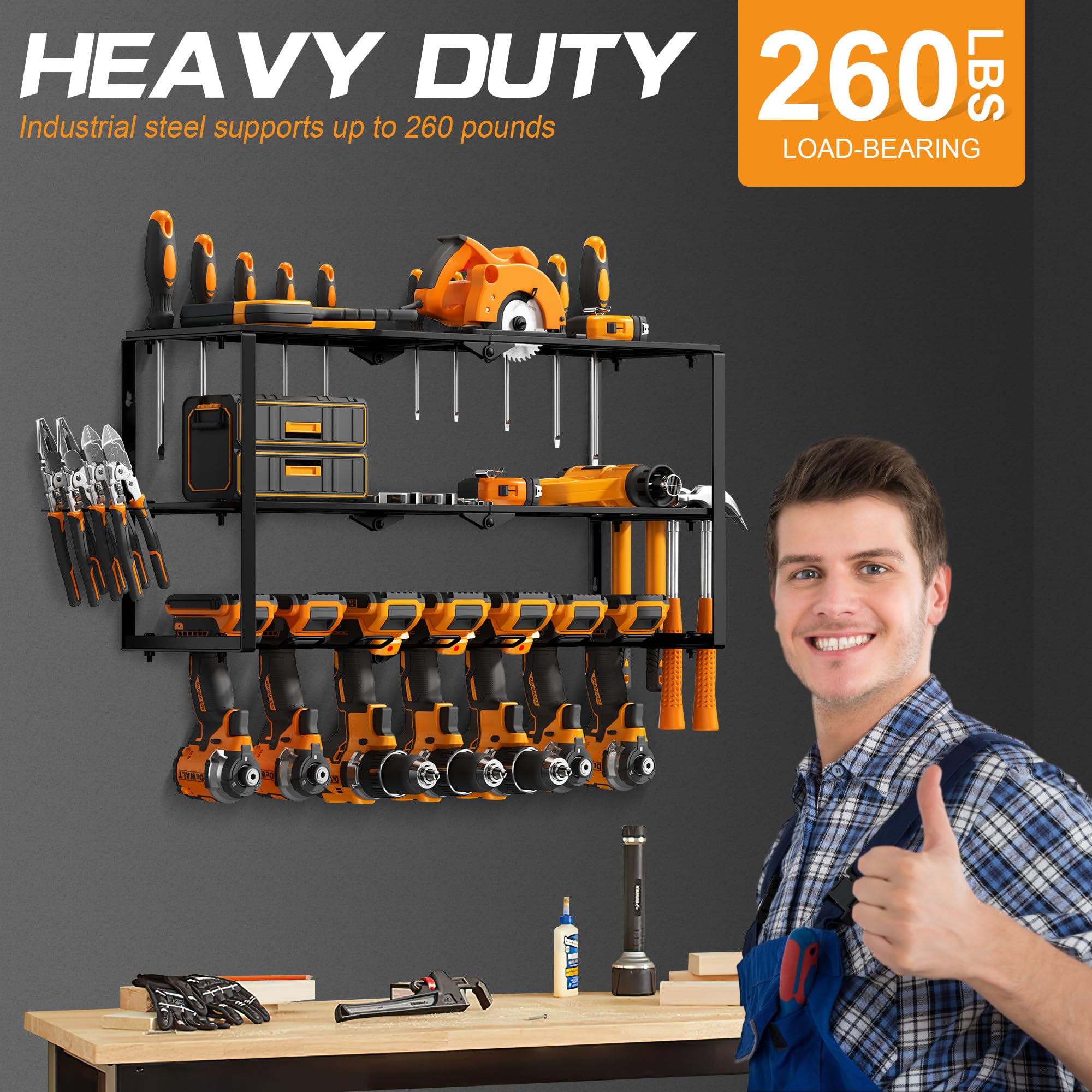 DQAVPFTRE Power Tool Organizer, Garage Tool Organization with 7 Drill Holders, Large Size & Easy Assembly Heavy Duty Metal 3 Layers Tool Shelf for Garage Organization