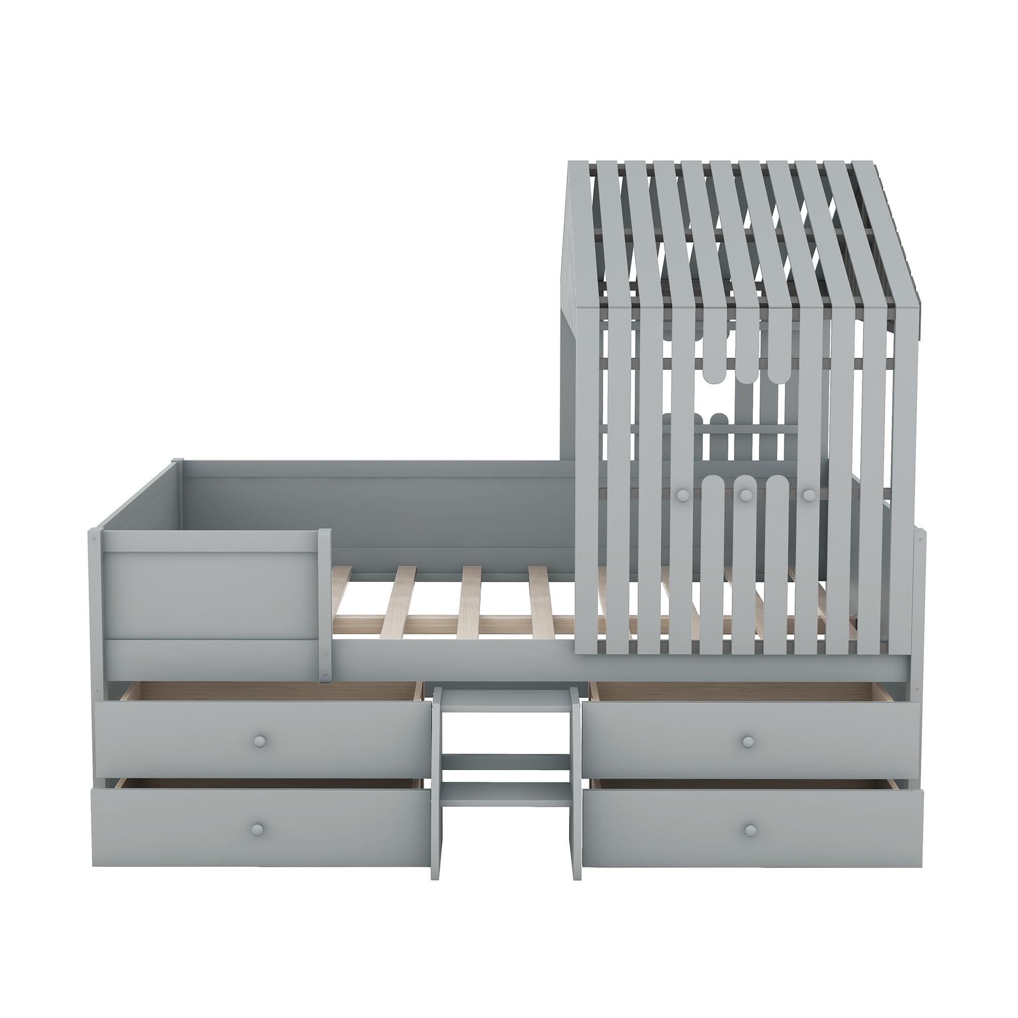 Harper & Bright Designs Full Size House Bed for Kids, Full Size Platform Bed with Storage Drawers and Roof, Hardwood Low Loft Bed Frame for Girls Boys (Gray)