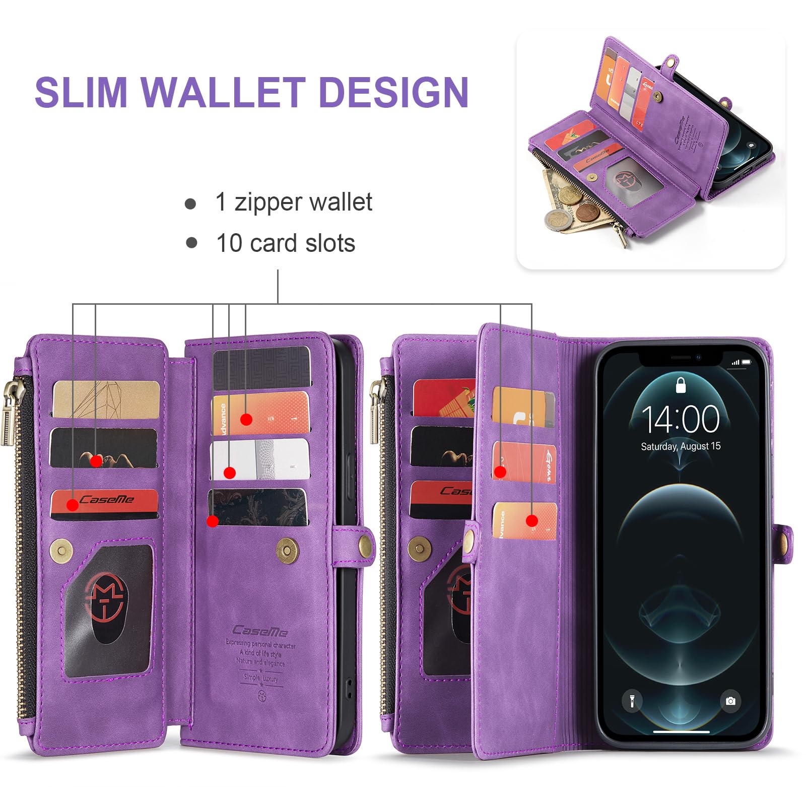 CaseMe Logo View for iPhone 13 Pro Max Magsafe Wallet Case Credit Card Holder,PU Leather Folio Flip Lanyard Strap Wristlet Zipper Wireless Charging Women Men for iPhone 13 Pro Max Phone case(Blue)