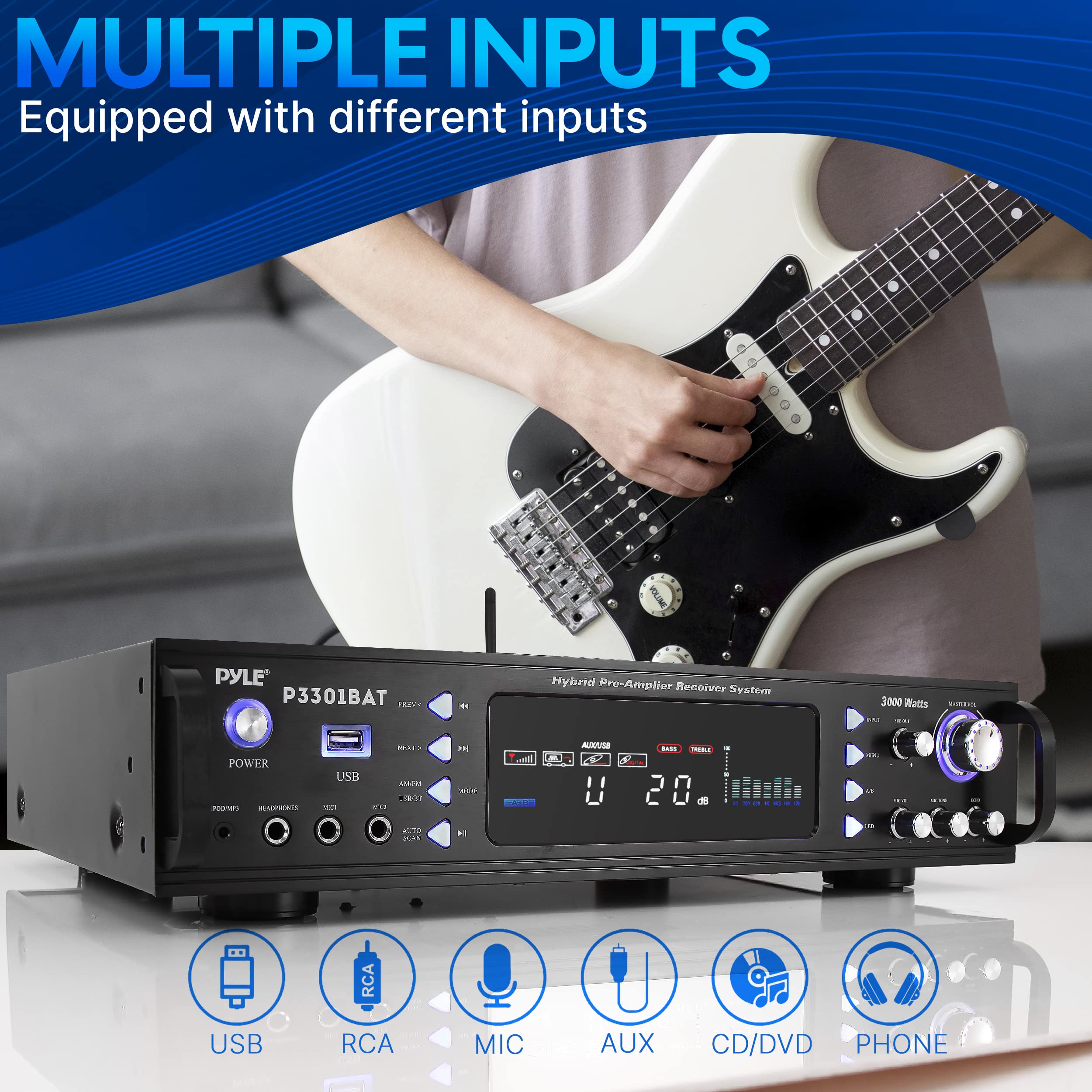 Pyle Wireless Bluetooth Home Stereo Amplifier- Hybrid Multi-Channel, 3000W Power Amplifier, Home Audio Receiver System w/ AM/FM Radio,MP3,USB, AUX, RCA, Karaoke Mic in, Rack Mount, Remote- P3301BAT.5