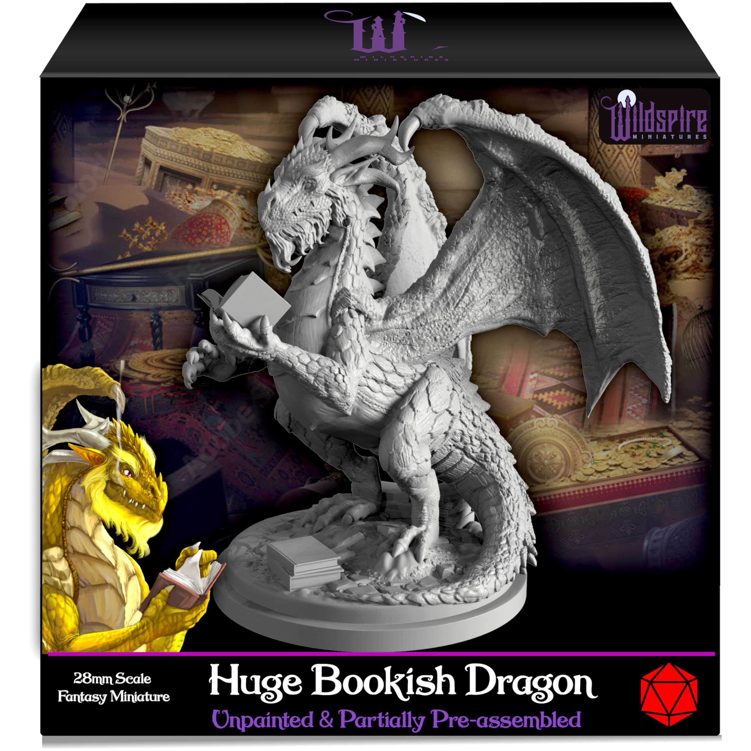 Wildspire Fantasy Bookish Dragon Paintable DND Miniature Huge 6" D&D Dragon Mini 28-32mm Dungeons and Dragons Figure for Fantasy Tabletop Miniatures and Accessory, Partially Assembled for TTRPG