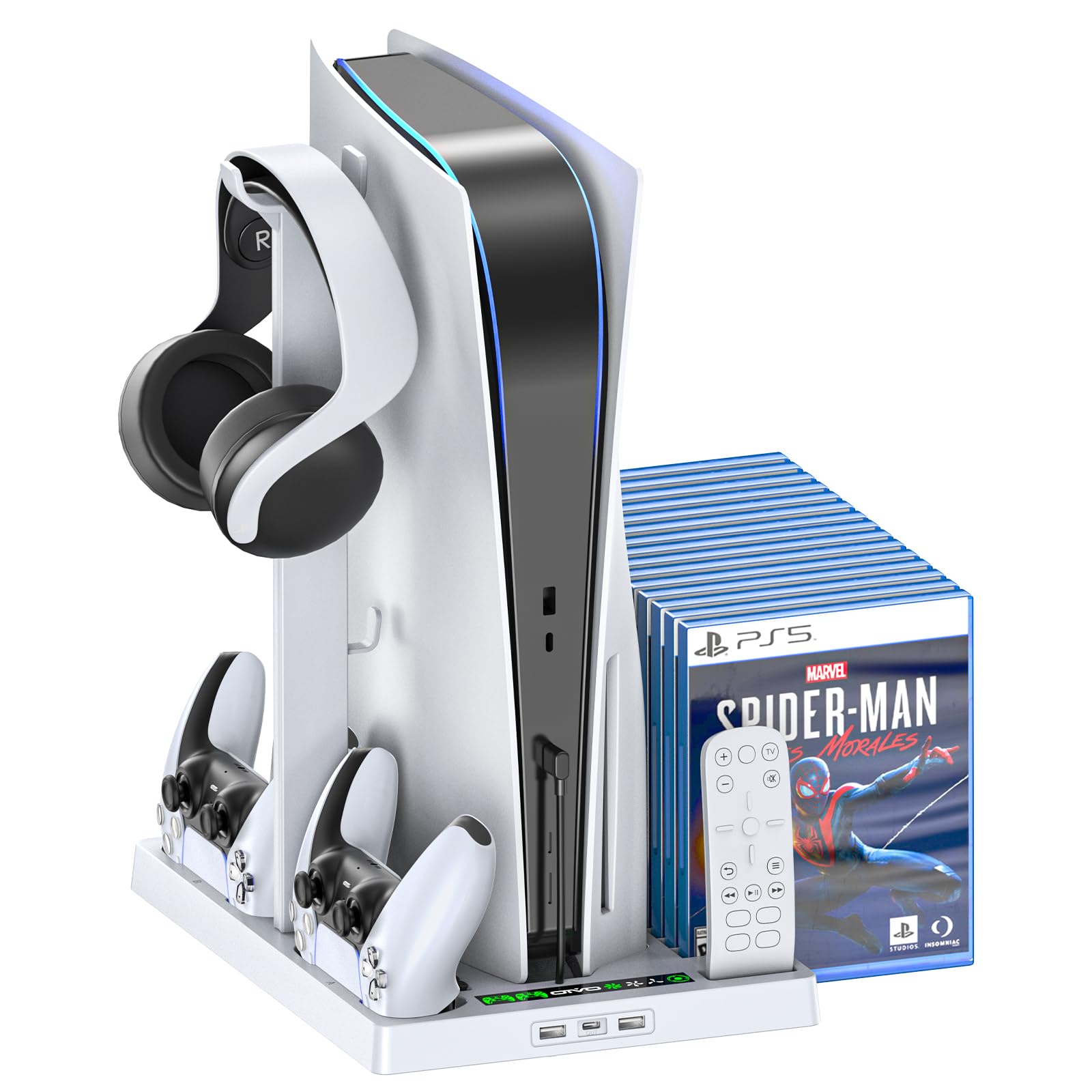 Cooling Fan and Controller Charging Station for 5 Console, Cooling Station Accessories Incl. Controller Charger, Headset Holder, 12 Game Organizer and Storage