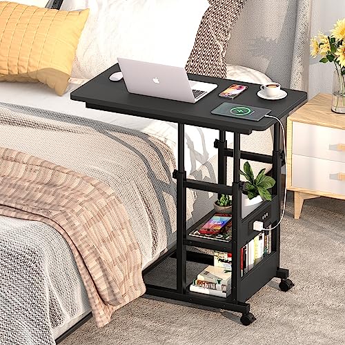 Height Adjustable C Shaped End Table with Charging Station, Mobile Laptop Side Table with USB Port and Wheels, Sofa Couch Table with 2-Tier Storage Shelve for Living Room Bedroom, Black