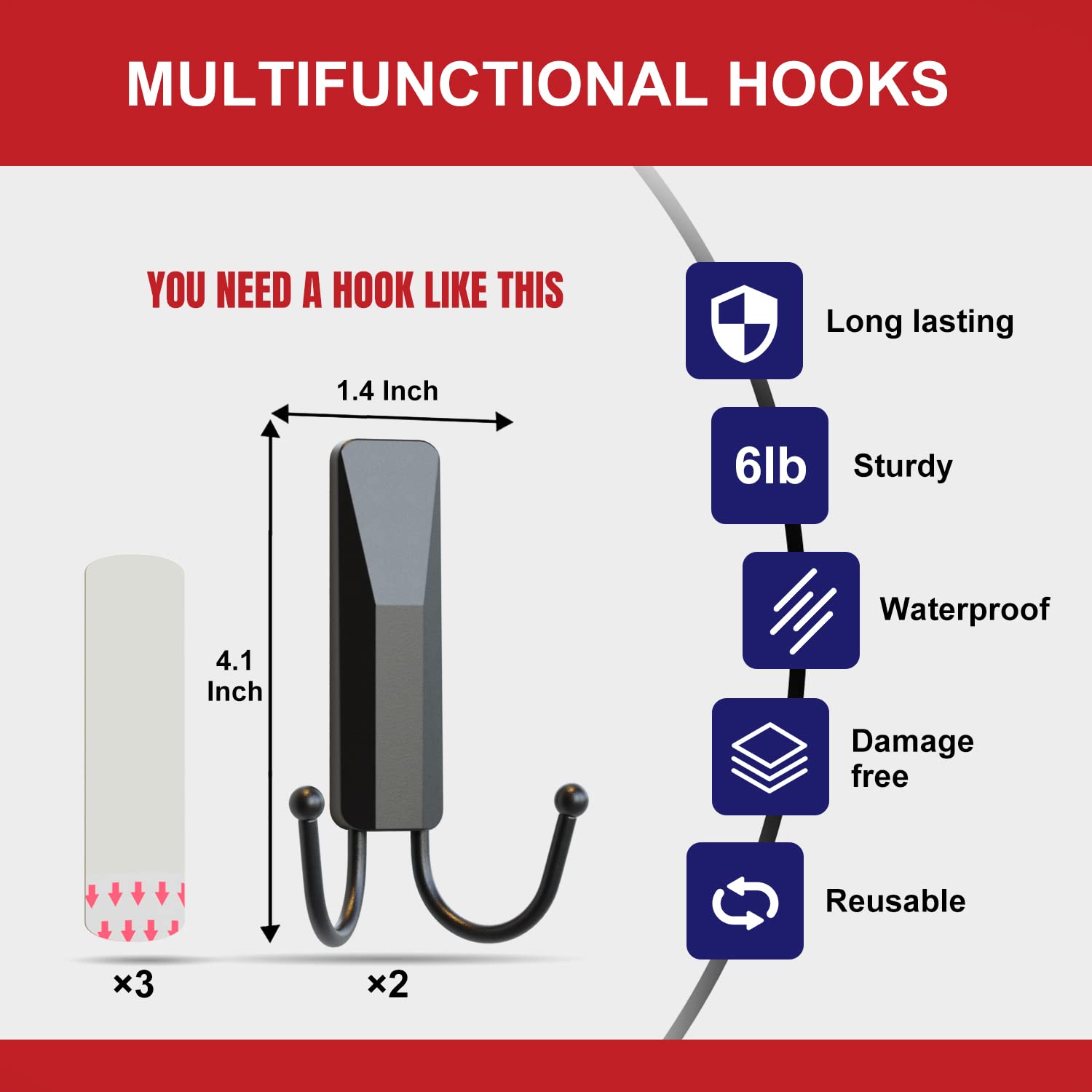 Dr.Wall Black Double Wall Hooks for Hanging, 4 Pack Removable Adhesive Wall Hooks with 5 Strips, Organize Damage-Free Sticky Hooks, Plastic Utility Hooks Heavy Duty for Coat, Towel, Hat, Key