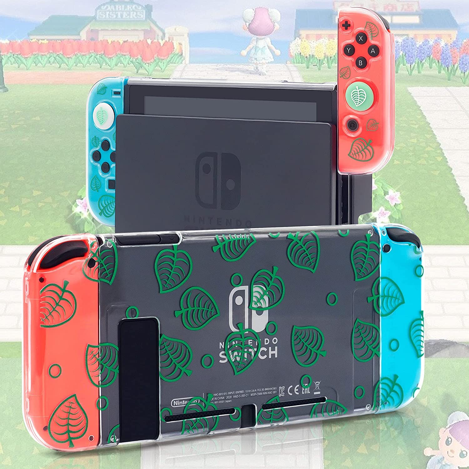 Carry Case for Nintendo Switch，With Animal Crossing Green Leaf Protective Storage Bag with Docking Clear Cover Crystal Shell & Screen Protector & Thumb Grips