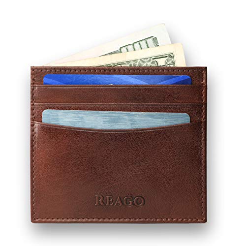 REAGO Handcrafted Front Pocket Small Slim RFID Crumpled Leather Wallet for Men Women, Credit Card Holder, Strong Stitching, Slip Pocket, ID Window, Minimalist Design, Chemical Free, Ideal Gift