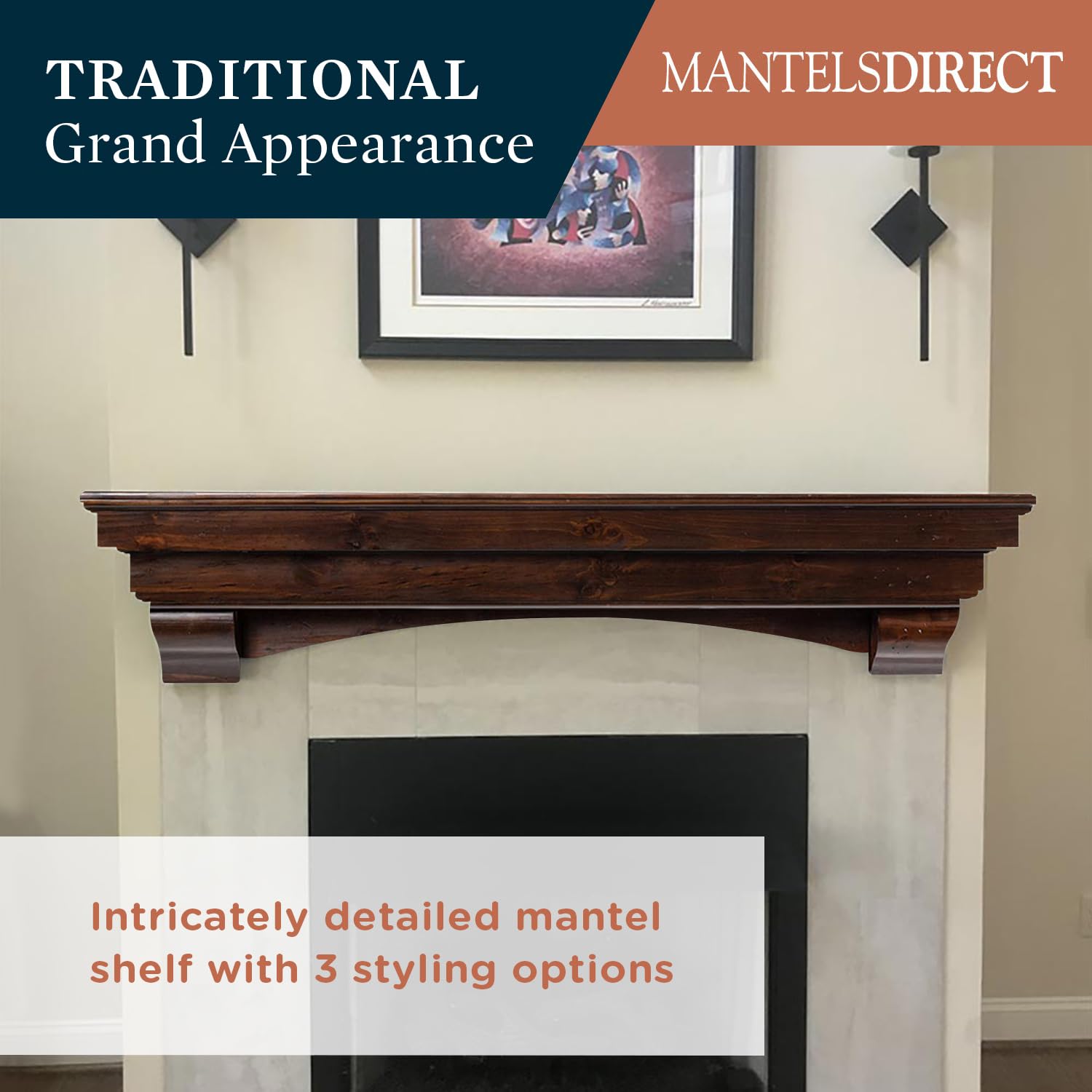 MANTELSDIRECT Mantels Direct Salem Wood Mantel Shelf with Corbels - Aged Cherry 60 Inch | Distressed Wooden Rustic Wall Mounted Shelf Perfect for Electric Fireplaces and More!
