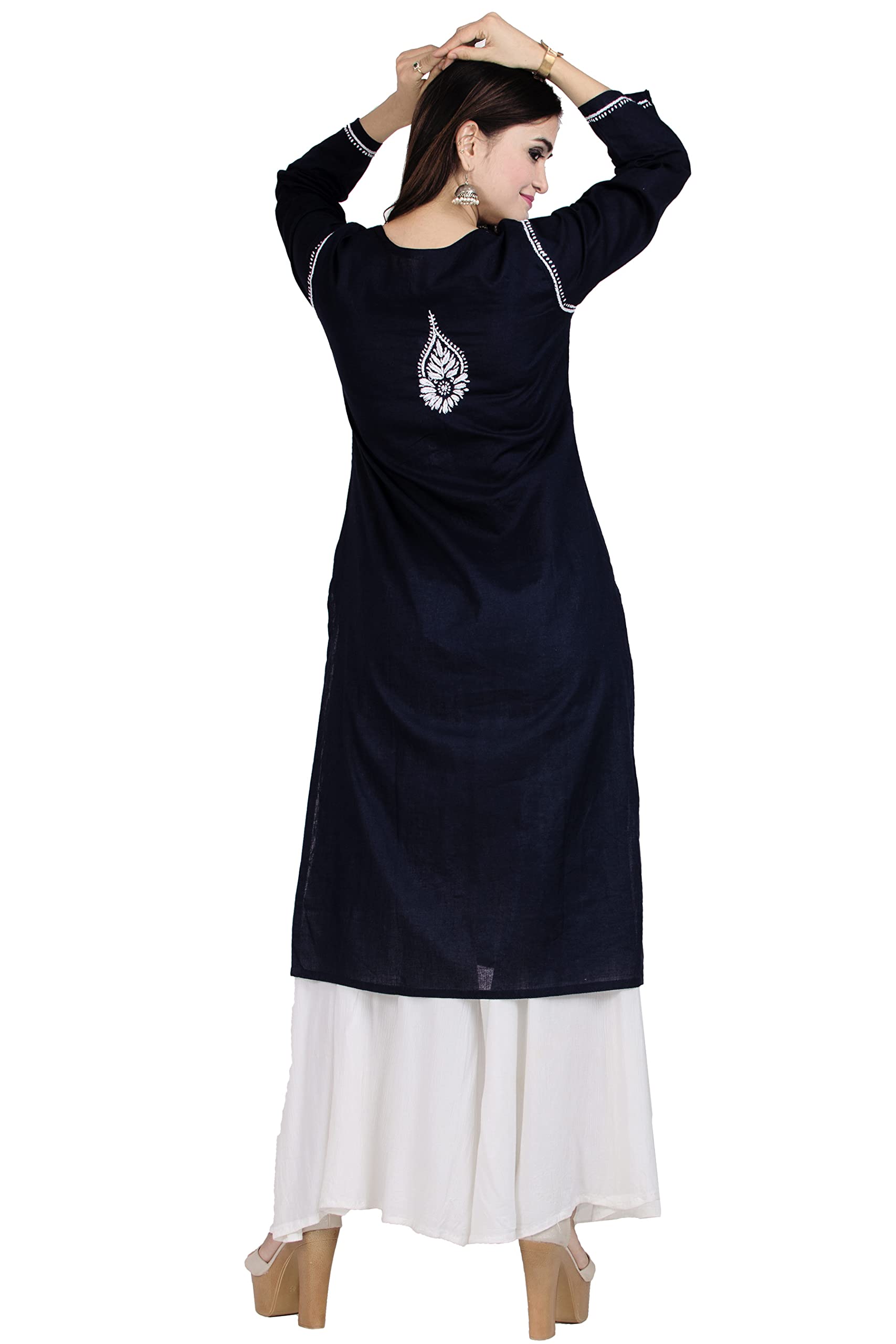 Chandrakala Women's White Casual Wear Floral Embroidered Cotton Kurti Pant Set, X-Large, Black (K150BLA4)