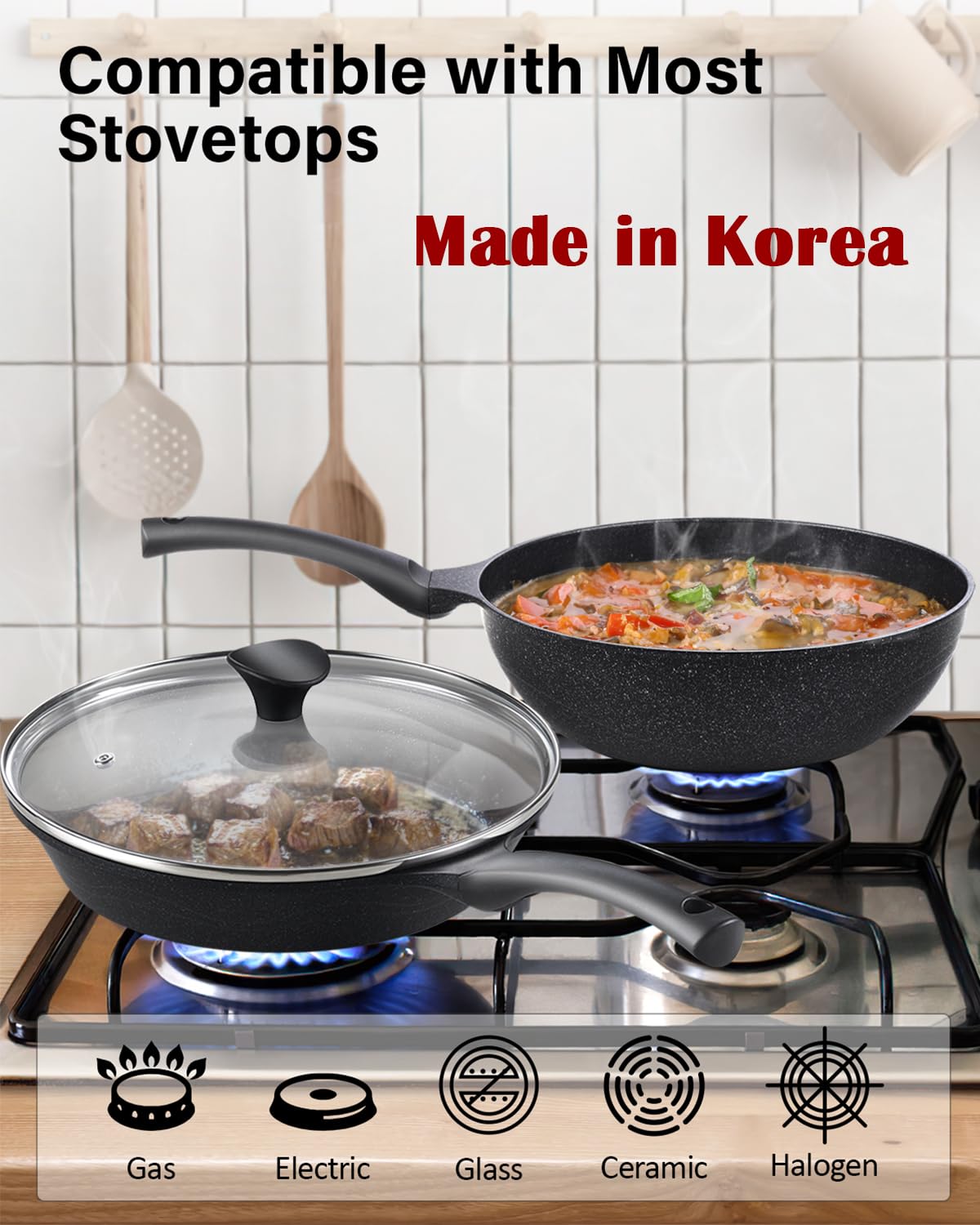 Cook N Home Nonstick Deep Frying Pan Saute Pan Skillet with Lid 11 Inch, Marble Wok Stir-Fry Pan Large Skillet Sauté Pan, Black