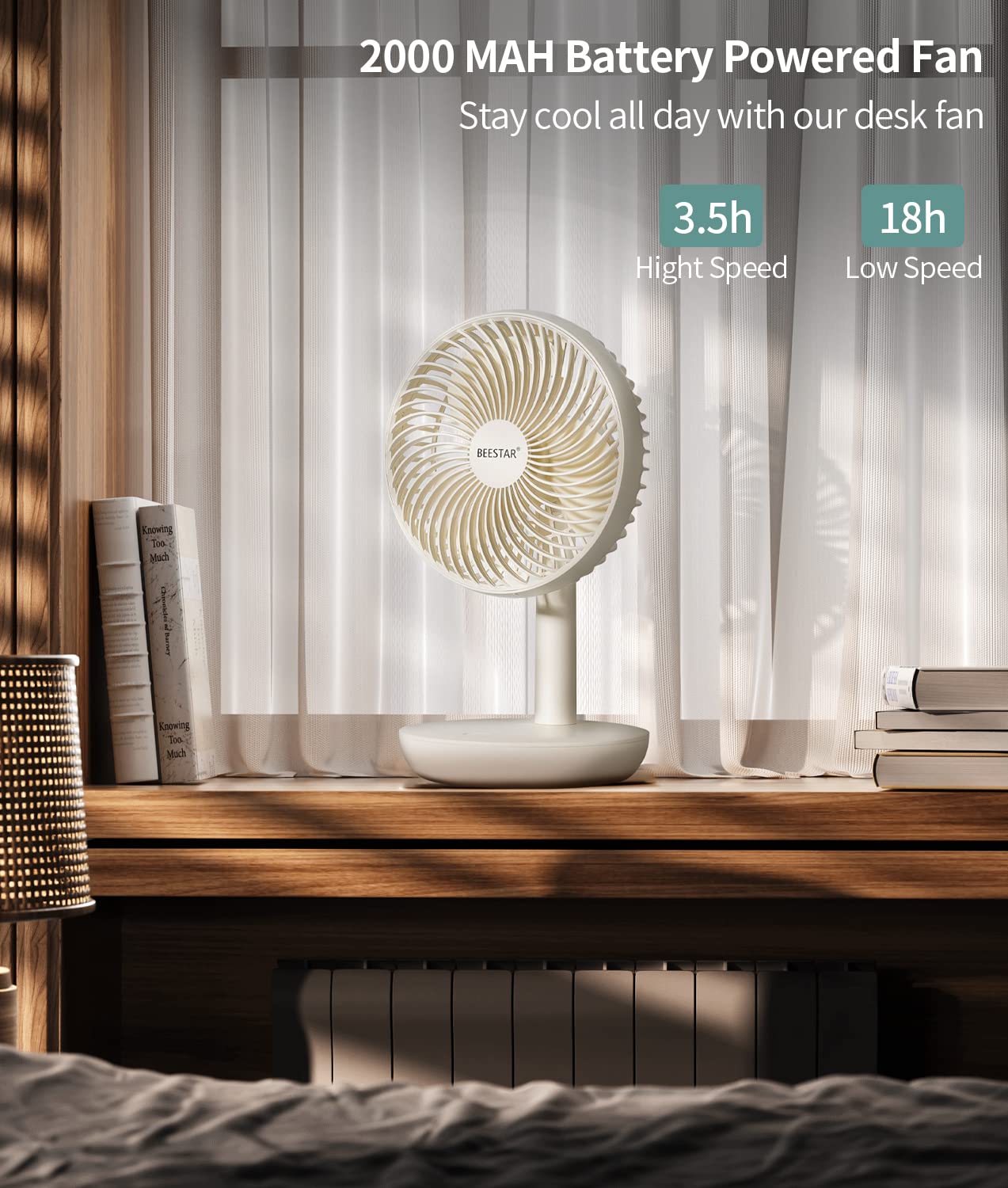 BEESTAR 6 Inch Battery Powered Fan,2000mAh Rechargeable Fan 4 Speed Adjustable Strong Wind,Desk Fans Small Quiet with Usb Charging Cable,Tilt Design,Fan For Office Bedroom Desktop Camping (White)