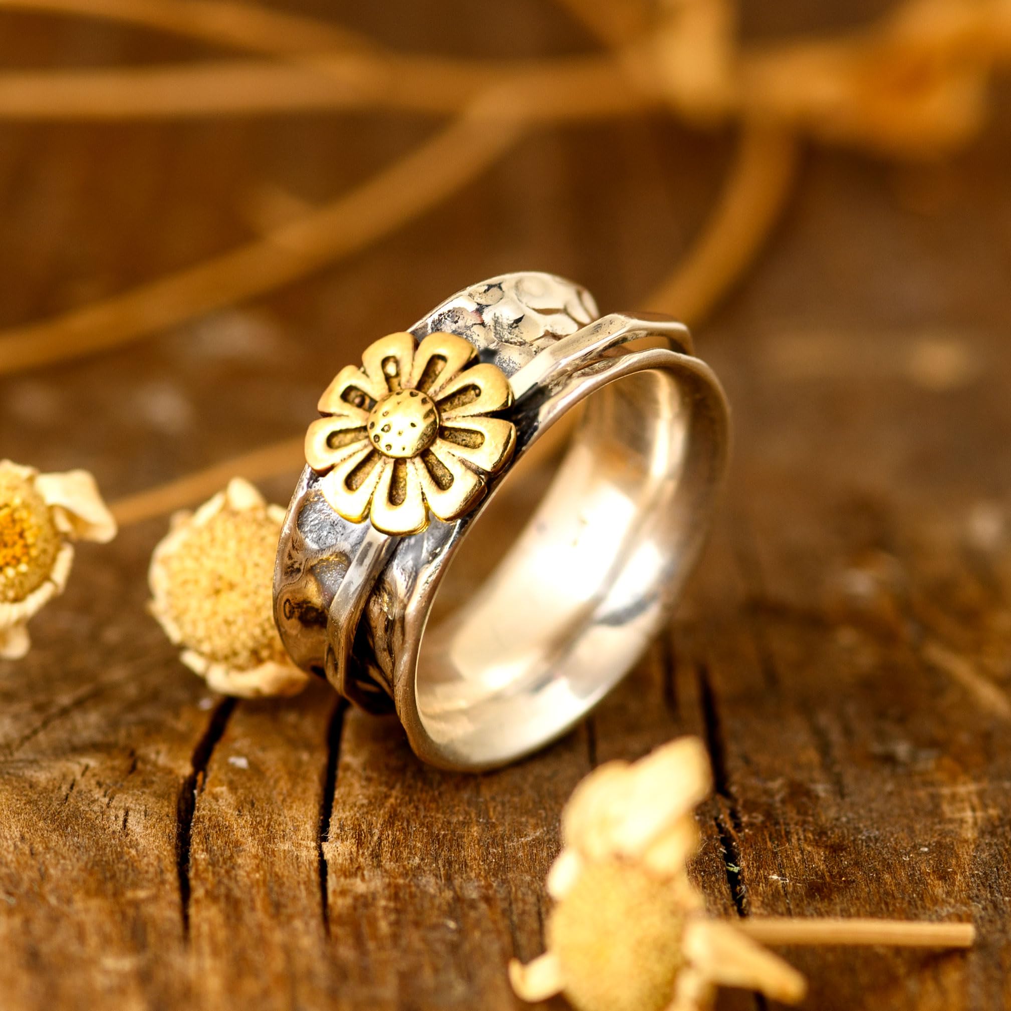 Boho-Magic Sunflower Ring, Spinner Rings for Women 925 Sterling Silver and Brass Sunflower | Nature Wide Band Fidget Meditation Anxiety jewelry