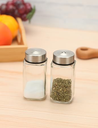 J&M Design Salt And Pepper Shakers Set Glass Bottle Stainless Steel Lid For Kitchen Tabletop Spice Seasoning Or Travel Set Of 2 Refillable Jar Dispenser Container Shaker