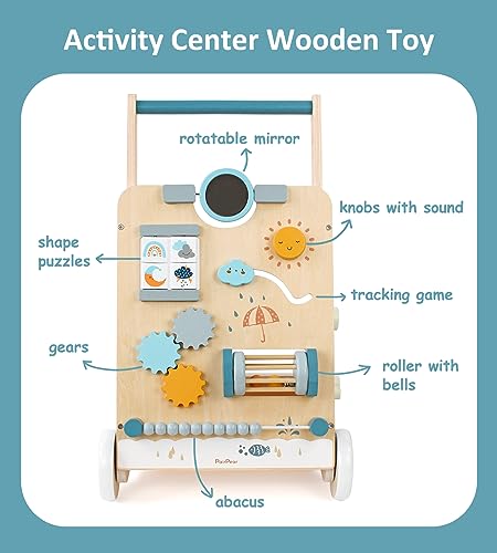 PairPear Wooden Baby Walker Push and Pull Toys,Toddler Speed Adjustable Push Walker Activity Cencer with Shape Sorter Toys Gift for Boys Girls 1 2 3 Years