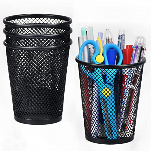HappyHapi Mesh Pen Holder 4pcs, Black Pen Holder for Desk, Pencil Holder for Desk, Metal Pencil Cup, Pen Cup for Desk, Mesh Pen Pencil organizer for Desk, Ideal for Office, School, Home