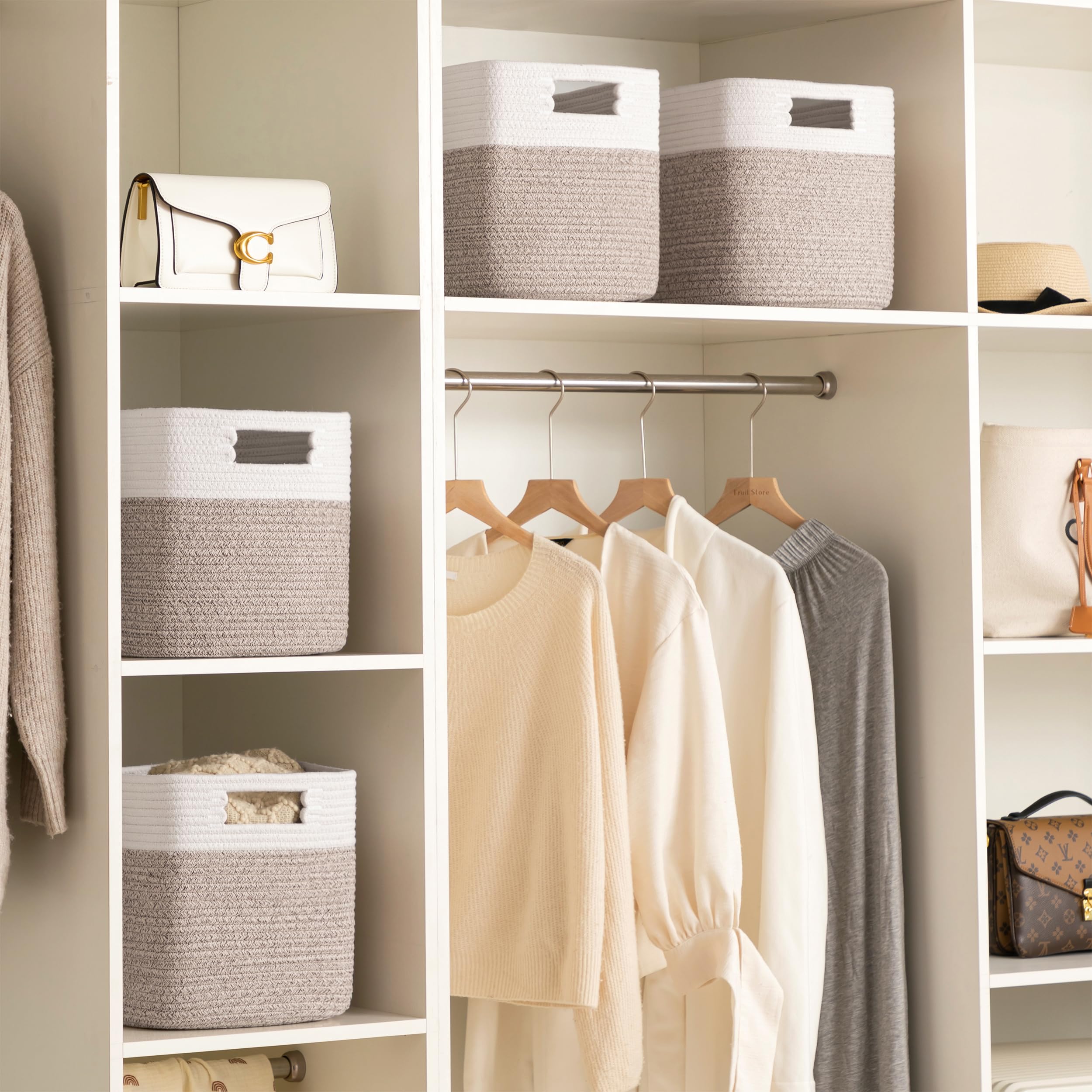 Dreamcountry 13x13 Cube Storage Bins, Storage Cubes with Handles, 4 Pack Cotton Rope Basket for Shelves, Cube Storage Organizer forToys, Book, Clothes, Home, Office, Nursery, White/Brown