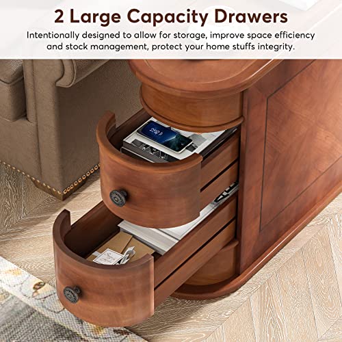 LITTLE TREE Wood End Table with 2 Drawers Sofa Side Table for Living Room, No Assembly Required Vintage Slim Nightstand Bedside Table for Bedroom, Brown