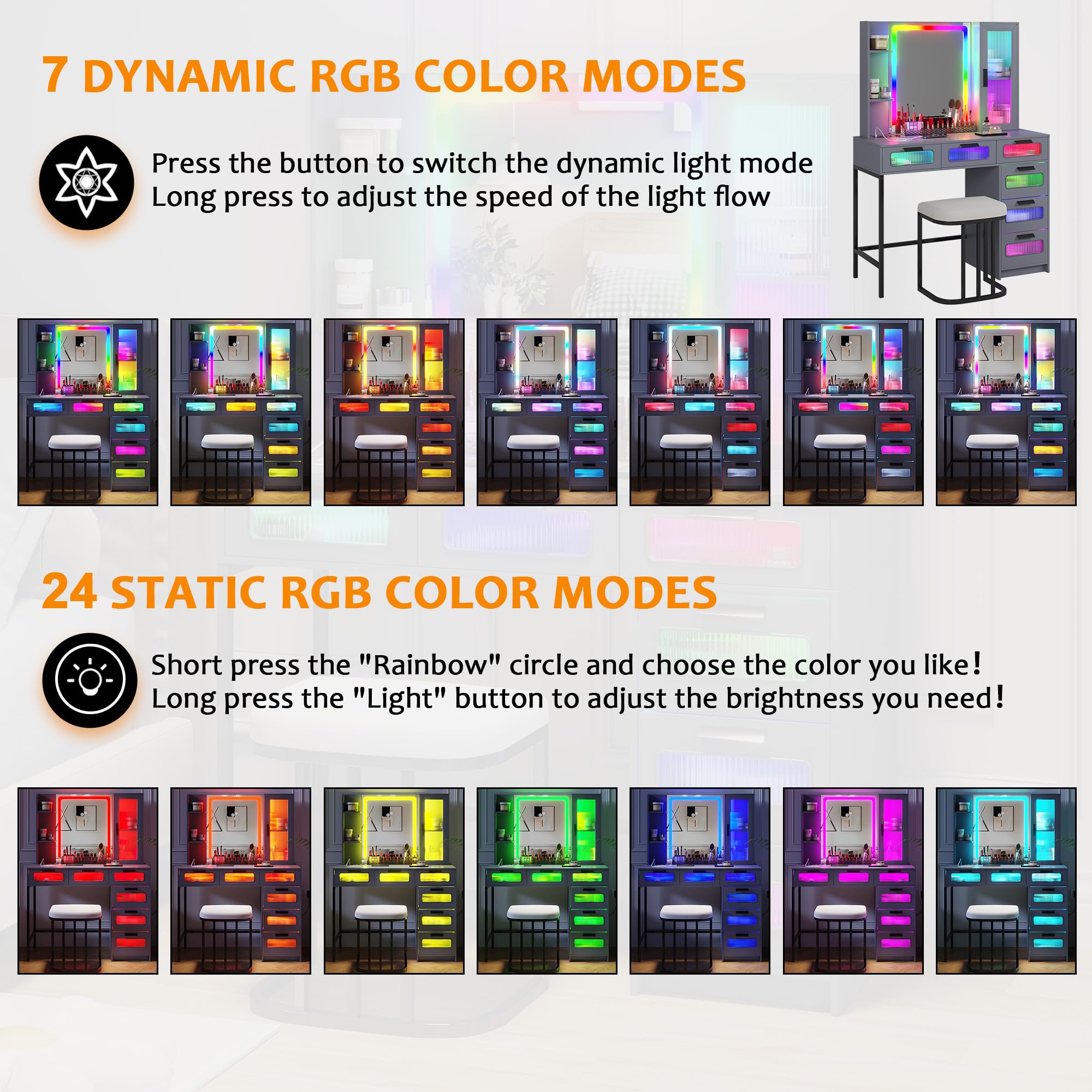 SKKTKT RGB LED White Vanity Desk with Mirror and Lights, 39.5" Makeup Vanity Table with Auto Sensor Flow Dazzling Lights and Wireless/USB/Type C Charging, Dressing Table with Stool and 6 Drawers