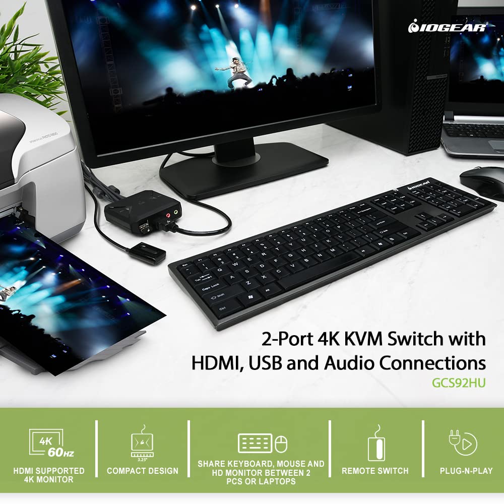 IOGEAR KVM 2-Port USB HDMI Cable KVM with Remote β 4096x2160 60Hz β Plug-n-Play - USB Hub and USB Peripheral Sharing - Attached HDMI and USB KVM Cables - Windows, Mac, and Linux - GCS92HU