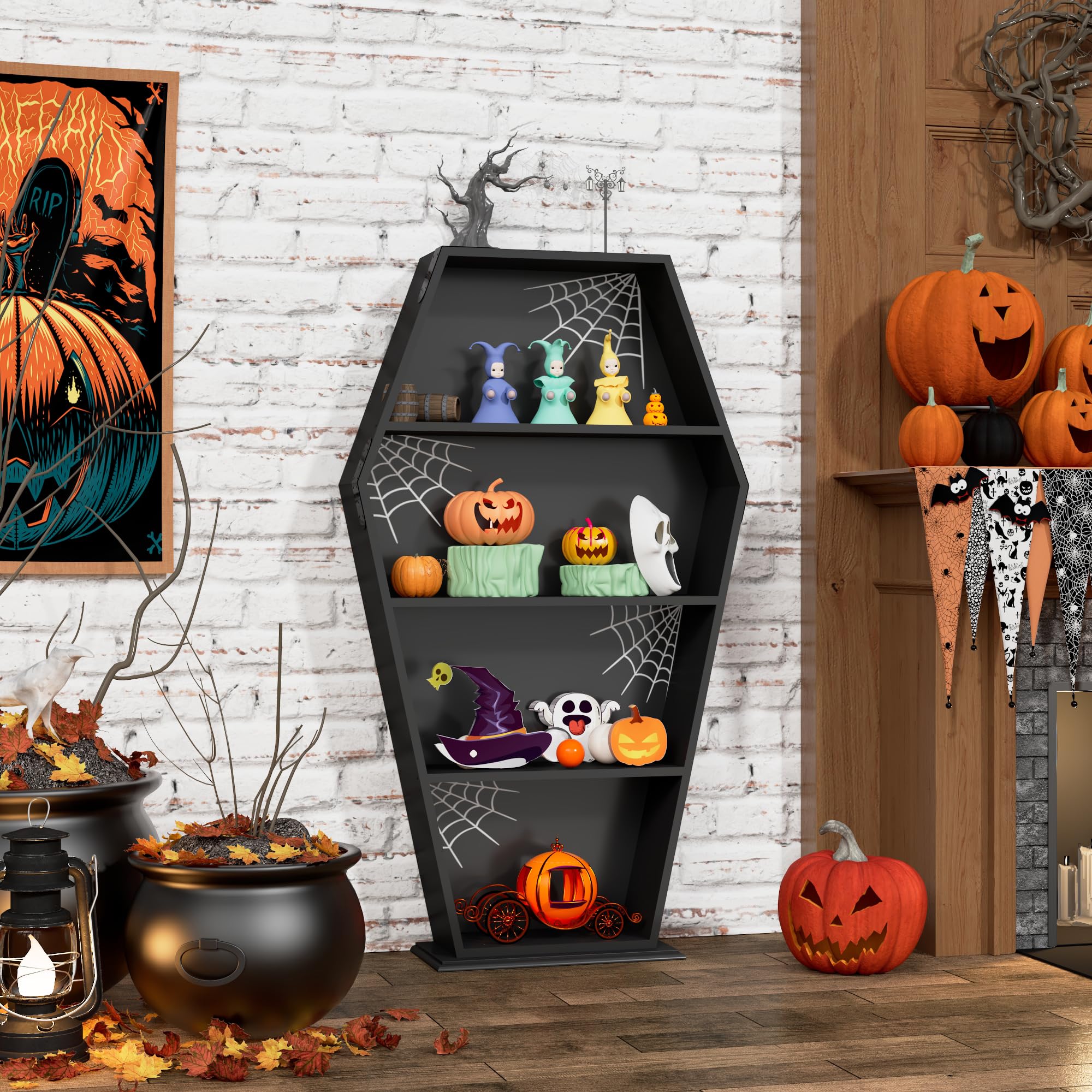 Eostbe Halloween Goth Coffin Bookshelf 48’’H - Wood Tall Coffin Shelf with Spider Web Gothic Decor,Crystal Shelf for Display, Black Spooky Curio Shelf for Home Decor, Witchy Room Decor for Oddities