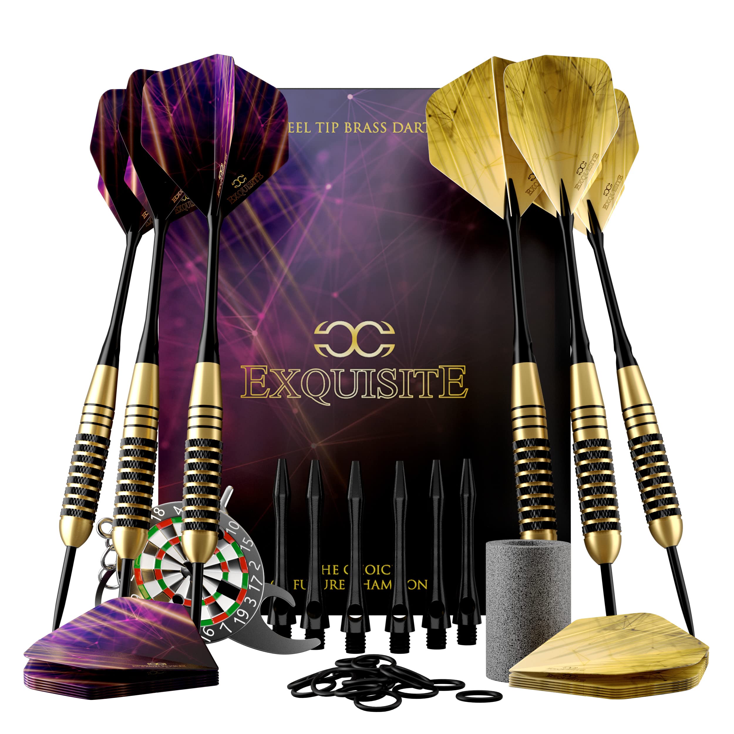 CC-EXQUISITE Premium Steel Tip Darts Set - Professional Darts, Brass Barrels, Metal Tip Darts, Extra Flights, (12) Aluminum Shafts 35/48, O-Rings, Dart Tool, Dart Sharpener, Darts Case