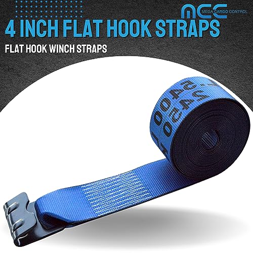 Mega Cargo Control (4 - Pack) Blue Tie Down Straps | 4" x 30' Heavy Duty Tie-Down Winch Strap with Flat Hooks | for Flat Bed, Truck, Farm, Utility Trailers