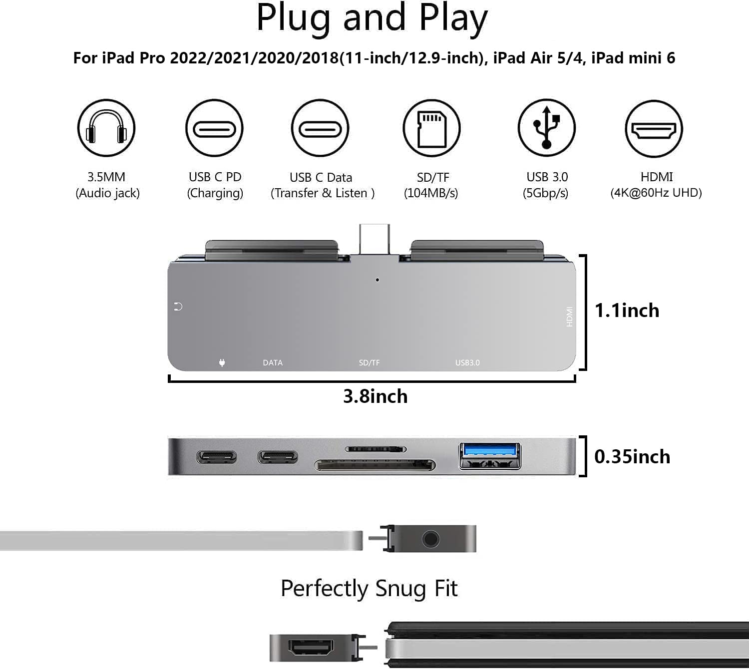 iPad Pro USB C Hub, 4K 60Hz HDMI 7-in-1 Adapter for iPad Pro M2 12.9 11 inch iPad Air 5 Docking Station, USB-C PD, SD/TF Card Reader, USB 3.0, 3.5mm Headphone Jack, iPad Mini 6 Accessories