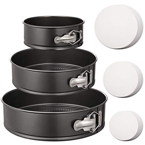 HIWARE Springform Pan Set of 3 Non-stick Cheesecake Pan, Leakproof Round Cake Pan Set Includes 3 Pieces 6" 8" 10" Springform Pans with 150 Pcs Parchment Paper Liners