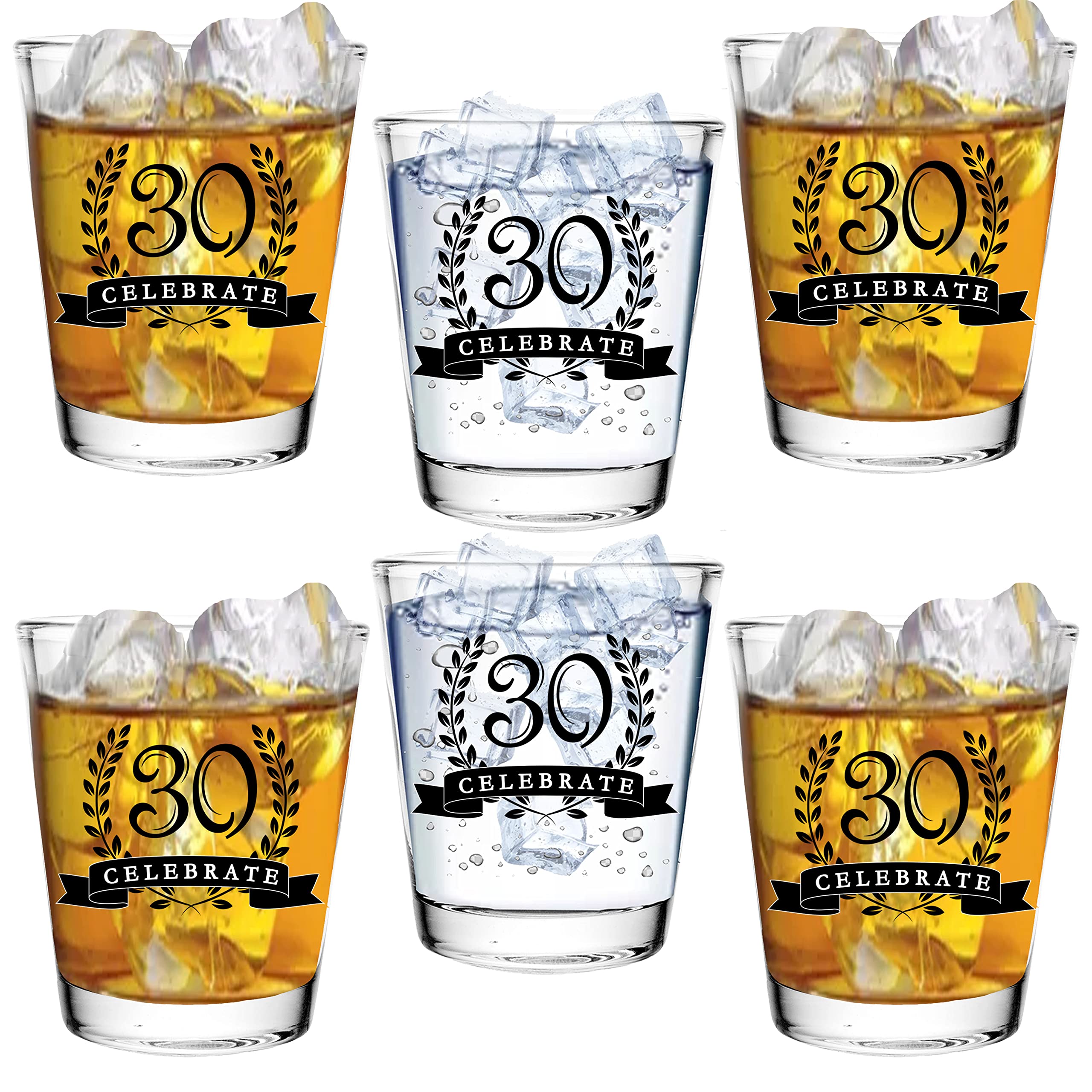 Bisyata 30th Birthday Shot Glass Gift Set for Him or Her - 30 Birthday Party Decorations for Women or Men - 2oz Shot Glasses - Set of 6 - With Gift Box