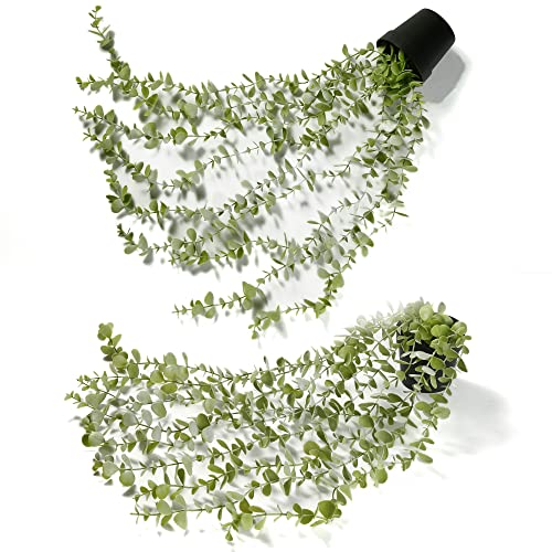 Sggvecsy Artificial Hanging Eucalyptus Plants 2 Pack Fake Potted Hanging Greenery Faux Potted Wall Plants for Home Indoor Outdoor Wall Garden Wedding Decor