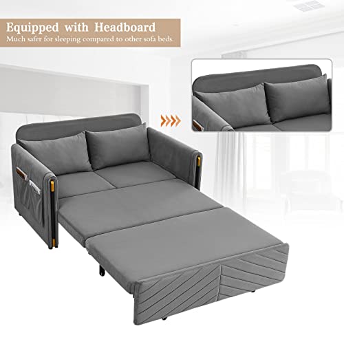 KIVENJAJA Convertible Sleeper Sofa Bed, Modern Velvet Loveseat Couch with Pull Out Bed, Small Love Seat Futon Sofa Bed with Headboard, 2 Pillows & Side Pockets for Living Room, 54β (Grey)