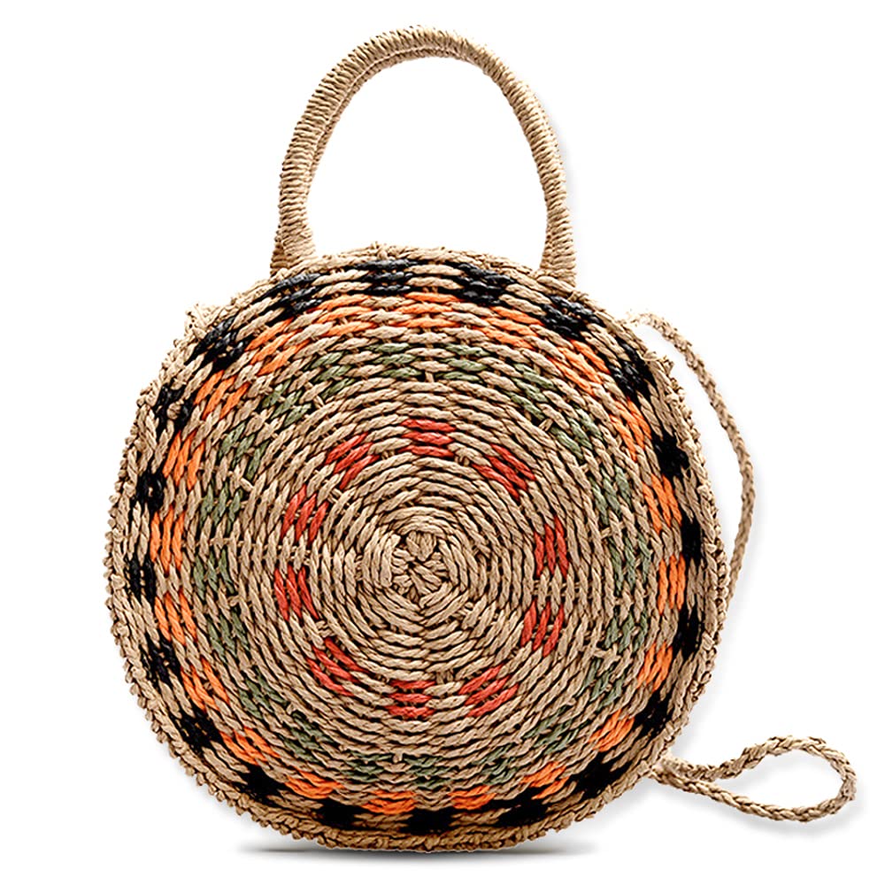QTKJ Hand-woven Boho Women Straw Summer Beach Bag, Colorful Round Rattan Bag Cross Body Bag Shoulder Messenger Satchel (Khaki)